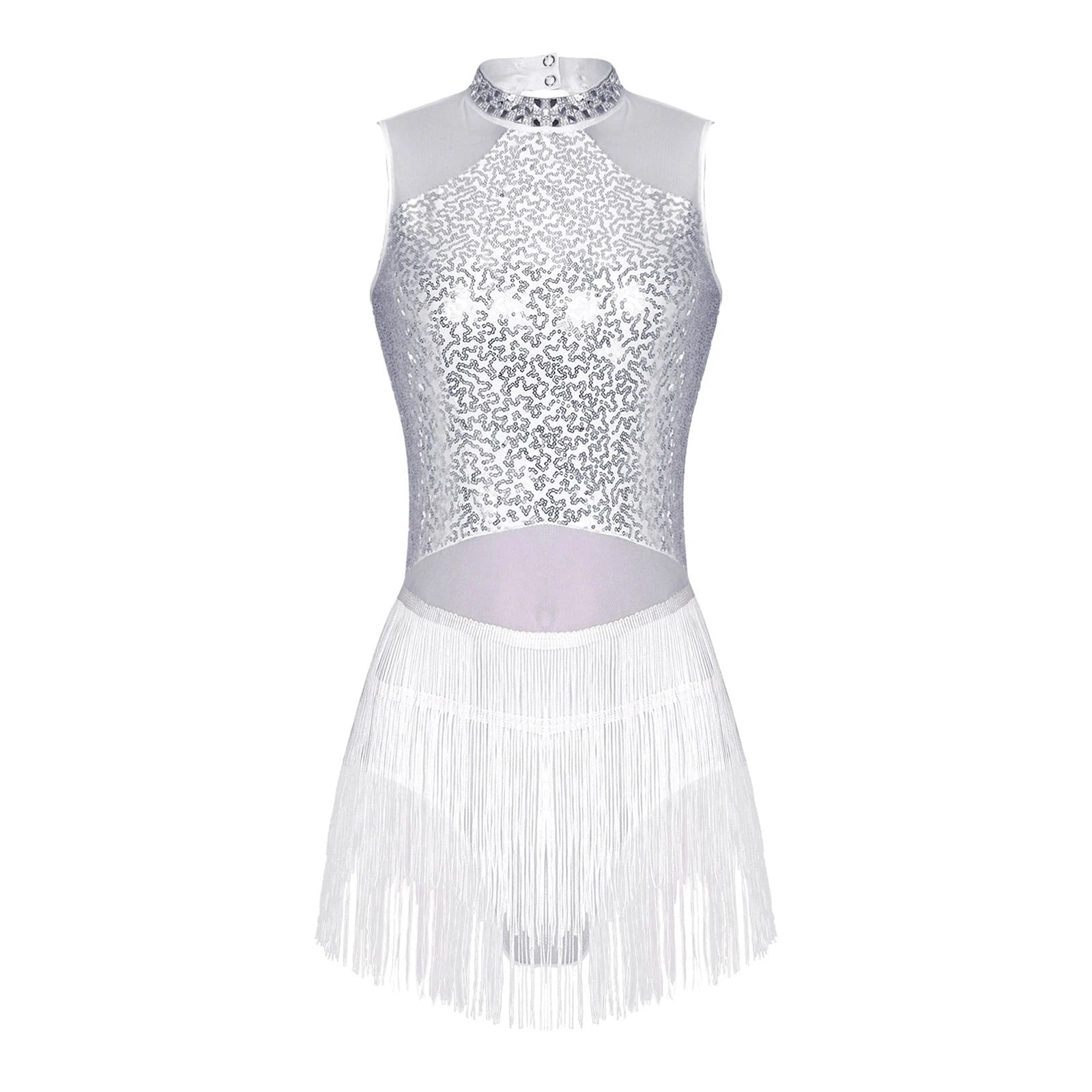 Women Sequins Fringed Latin Dance Costume Sleeveless Flowy Tassel ...