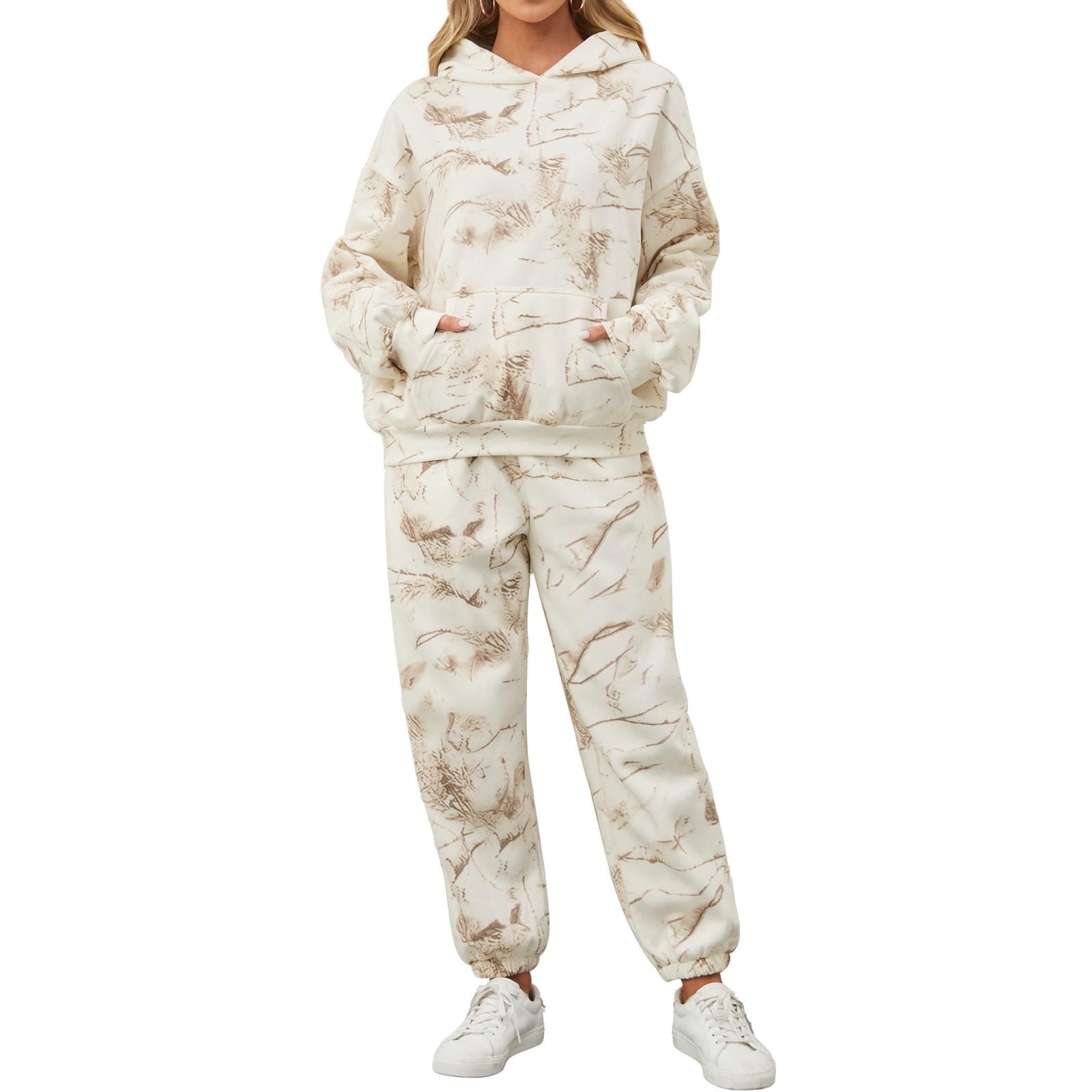 Women Set 2 Piece Camo Sweatsuits Oversized Maple Leaf Printed Hoodies ...