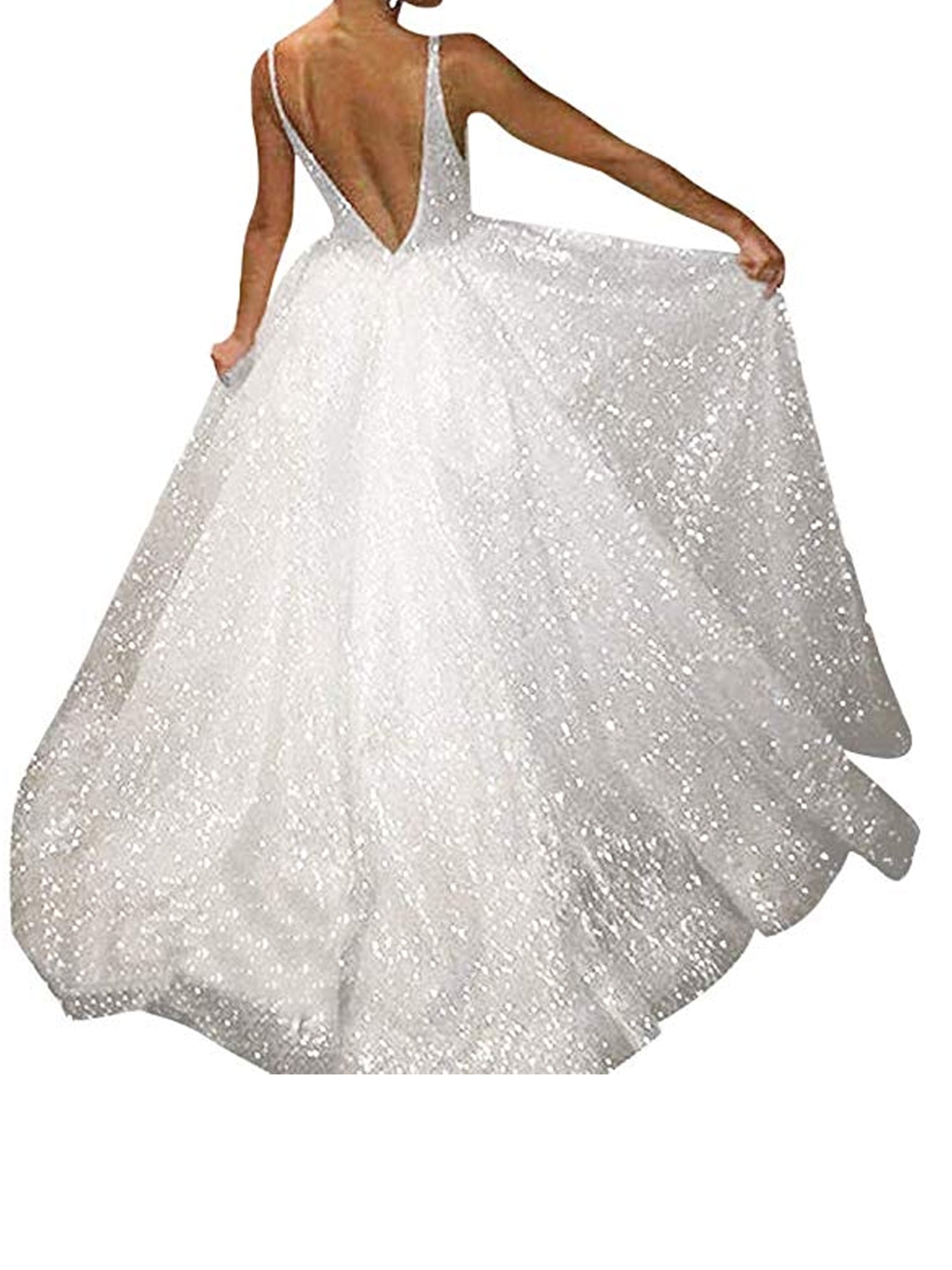 Women Sexy Backless Sequin Long Maxi Dress Deep V Neck Wedding Evening ...