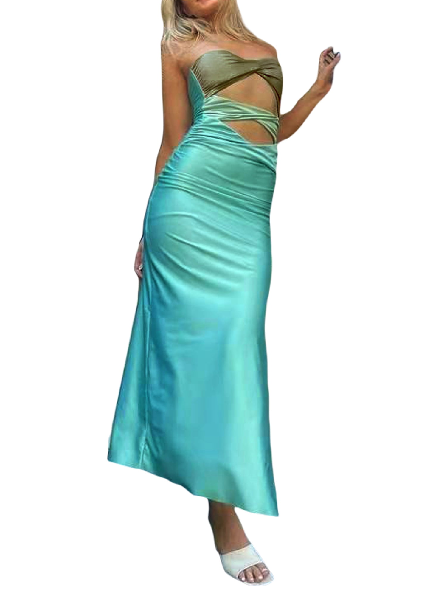 Women Sexy Bodycon Maxi Dress Spaghetti Strap Backless Low Cut Dress Hollow Out Floral Print