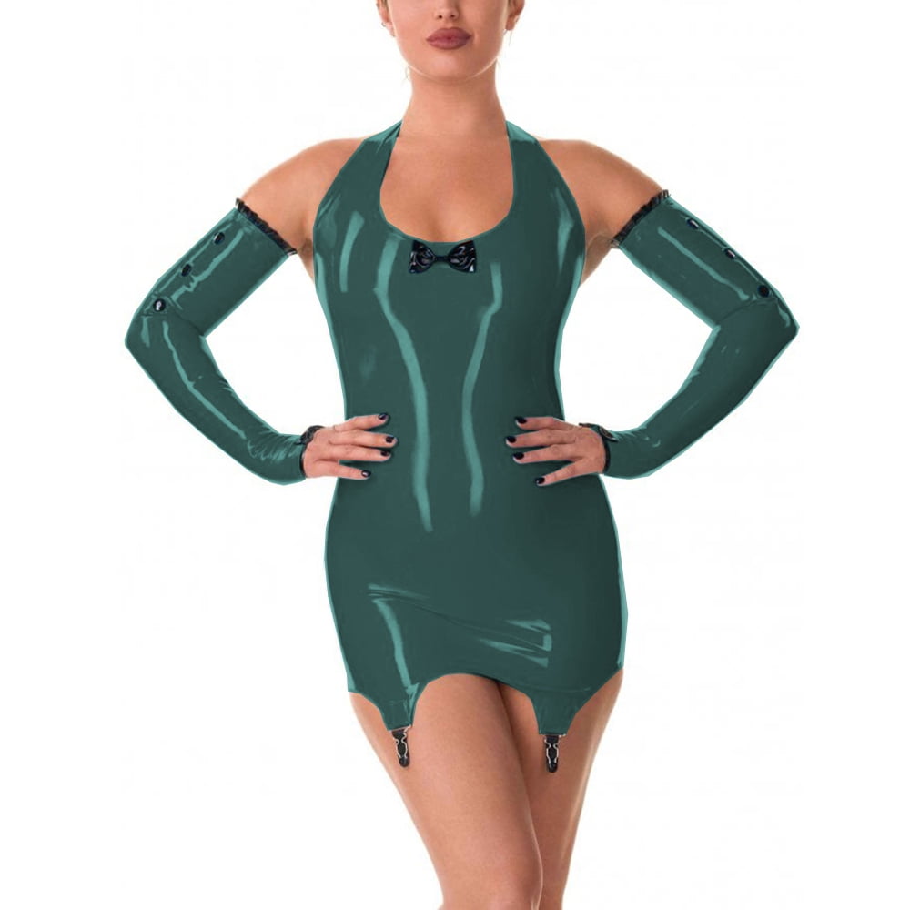 Women Sexy Halter Sleeveless Dress PVC Leather Bodycon Dress with ...