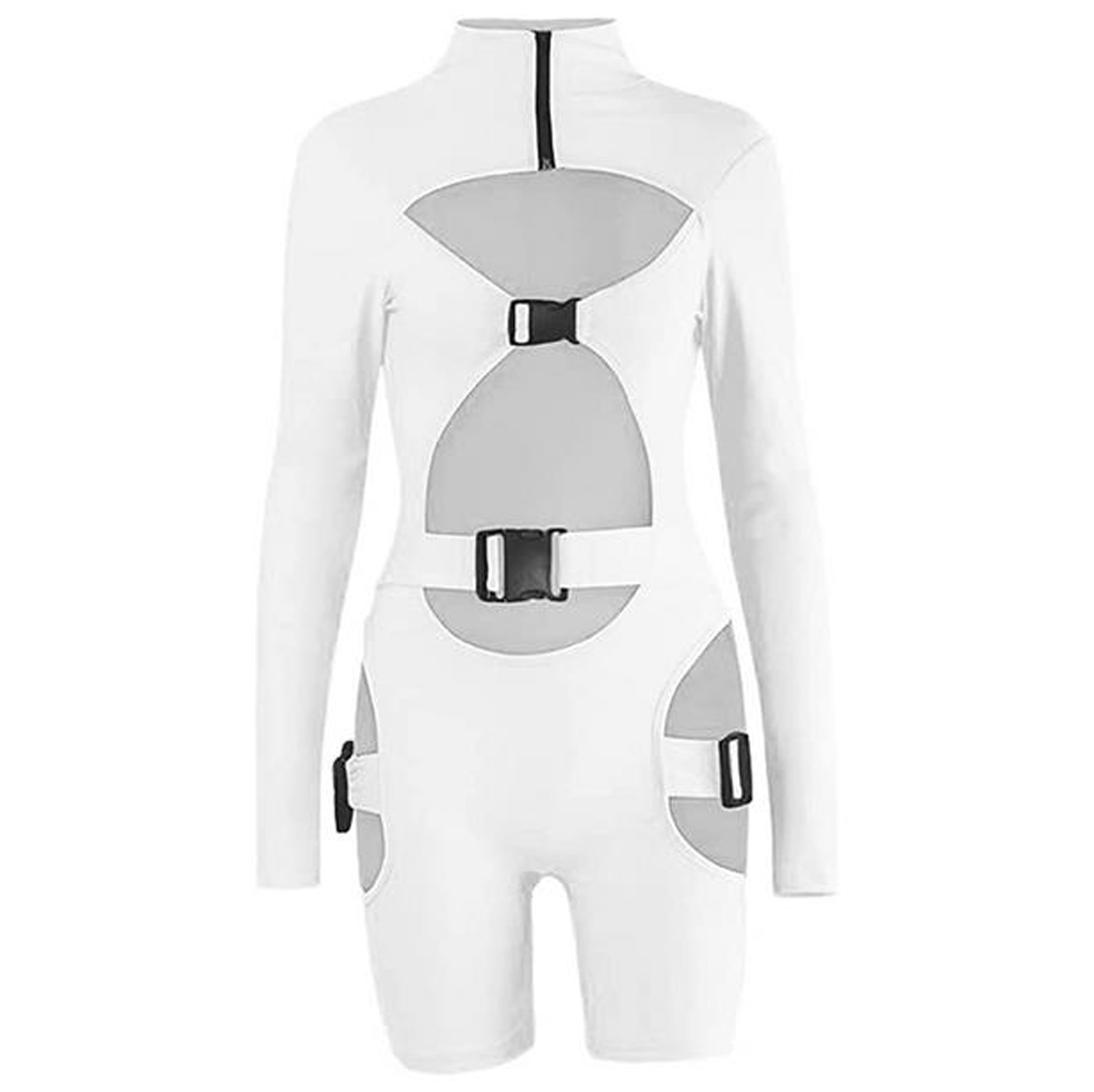 Women Sexy Hollow Out Jumpsuit Turtle Neck Buckle Zip Bodycon Romper ...