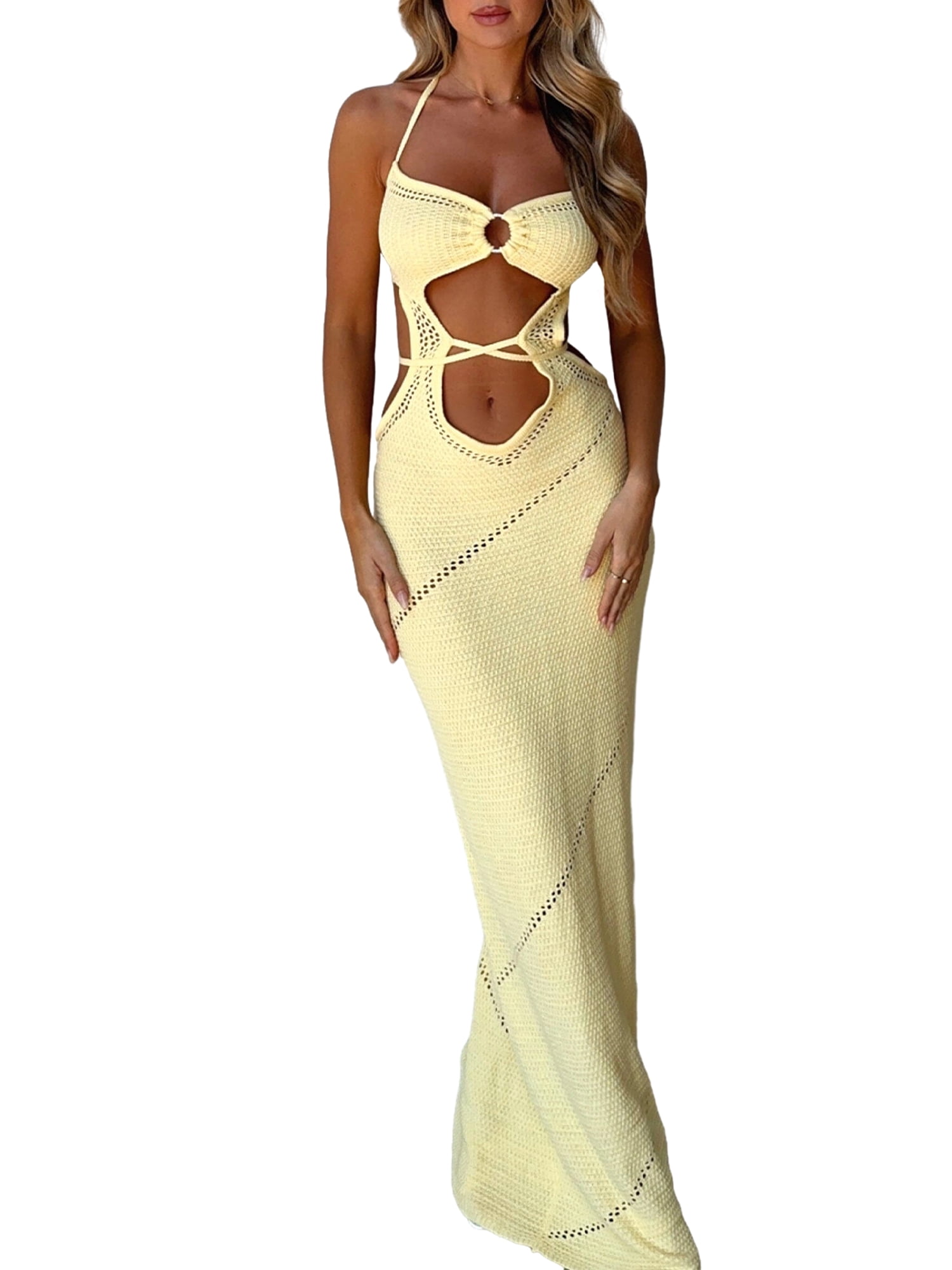 Women Sexy Knit Maxi Dress Halter Front Cutout Backless Sleeveless