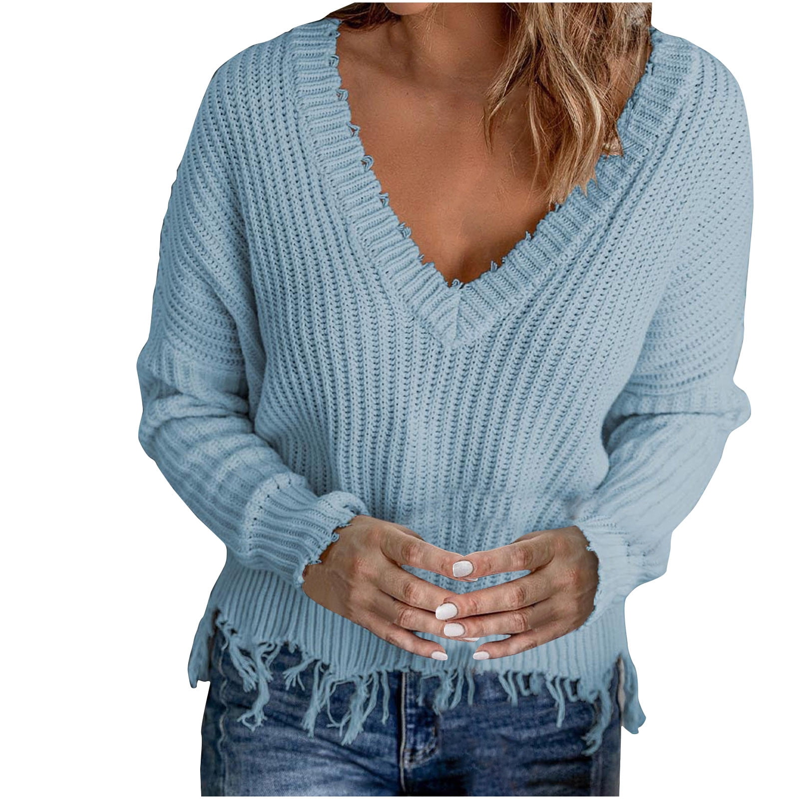 Women Loose V Neck Ripped Knitted Pullover Crop Sweater Top Solid Long ...