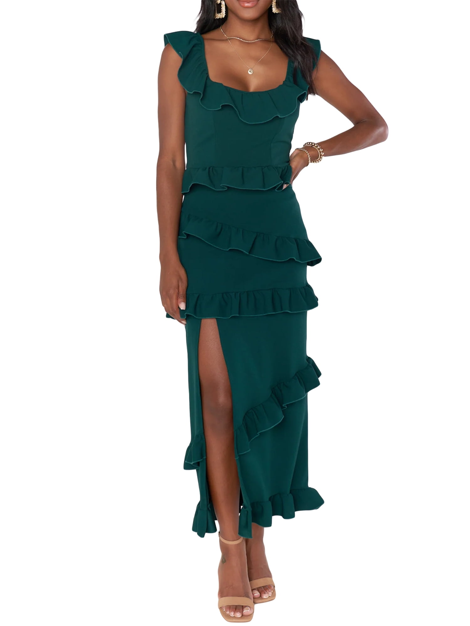Women Sexy Ruffle Dress Spaghetti Straps Floral Tassel Frill Bodycon