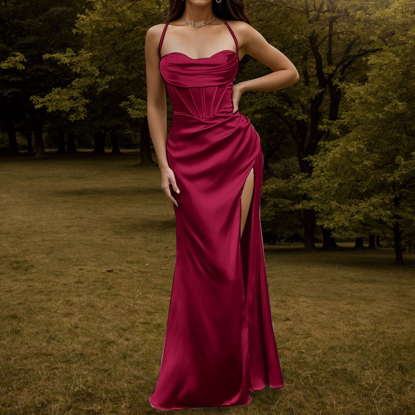 Women Sexy Satin Corset Maxi Dress Strap Push Up Fishbone Ruched ...