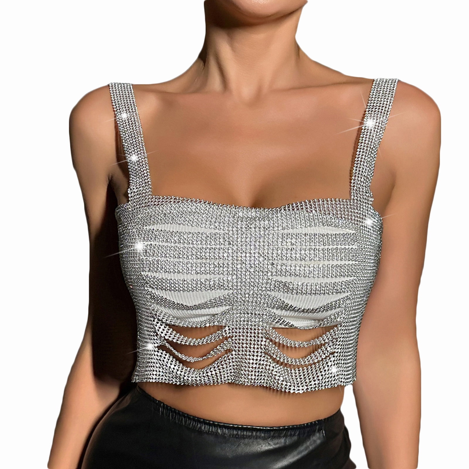 Women Sexy Shiny Rhinestone Tank Top Cutout Backless Chain Sleeveless