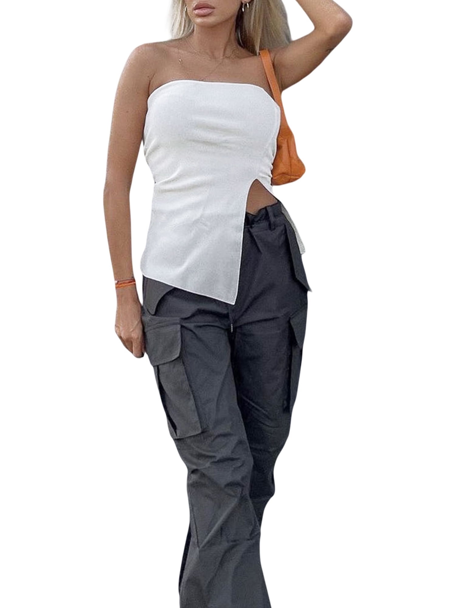 Women Sexy Strapless Tube Top Summer Sleeveless Slit Bandeau Y2k Slim ...