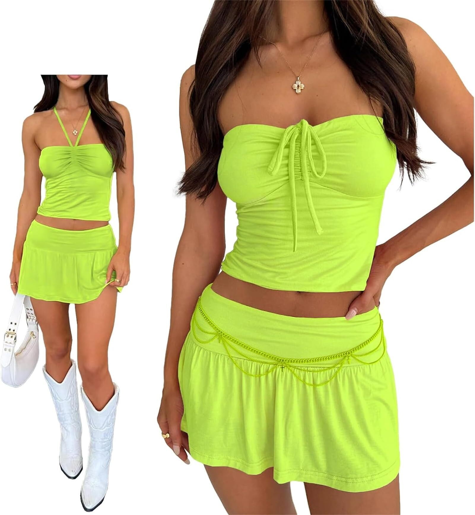 Women Sexy Summer 2 Piece Sets Drawstring Ruched Crop Tube Top Low Rise Ruffle Mini Skirts Sets ...