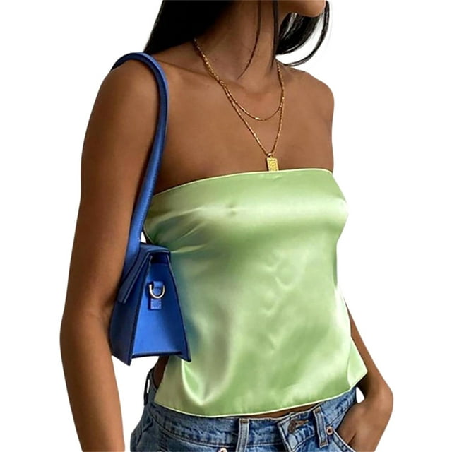 Women Sexy Tube Crop Tops Silk Satin Strapless Solid Hollow Out Tank ...