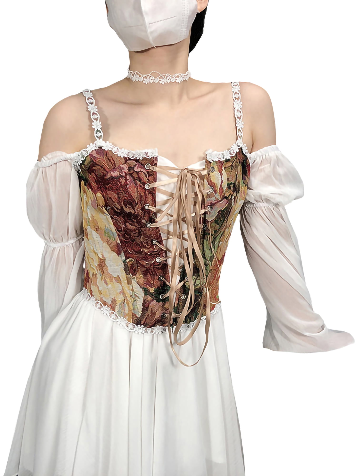 Women Sexy Vintage Bustiers Sleeveless Flora Prited Cinch Lace Up Belt