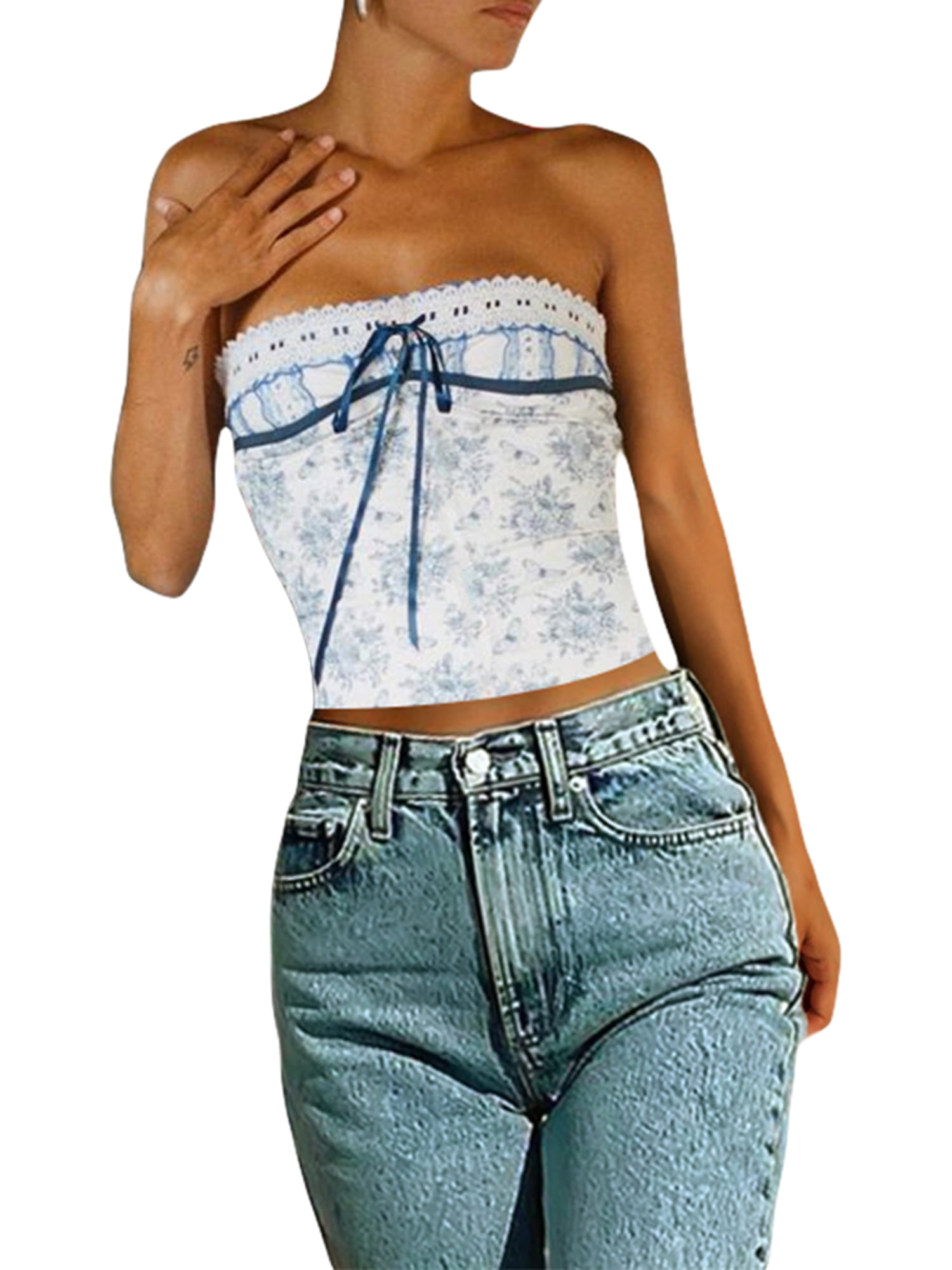 Women Sexy Y2k Strapless Lace Tube Top Sleeveless Off Shoulder Lace