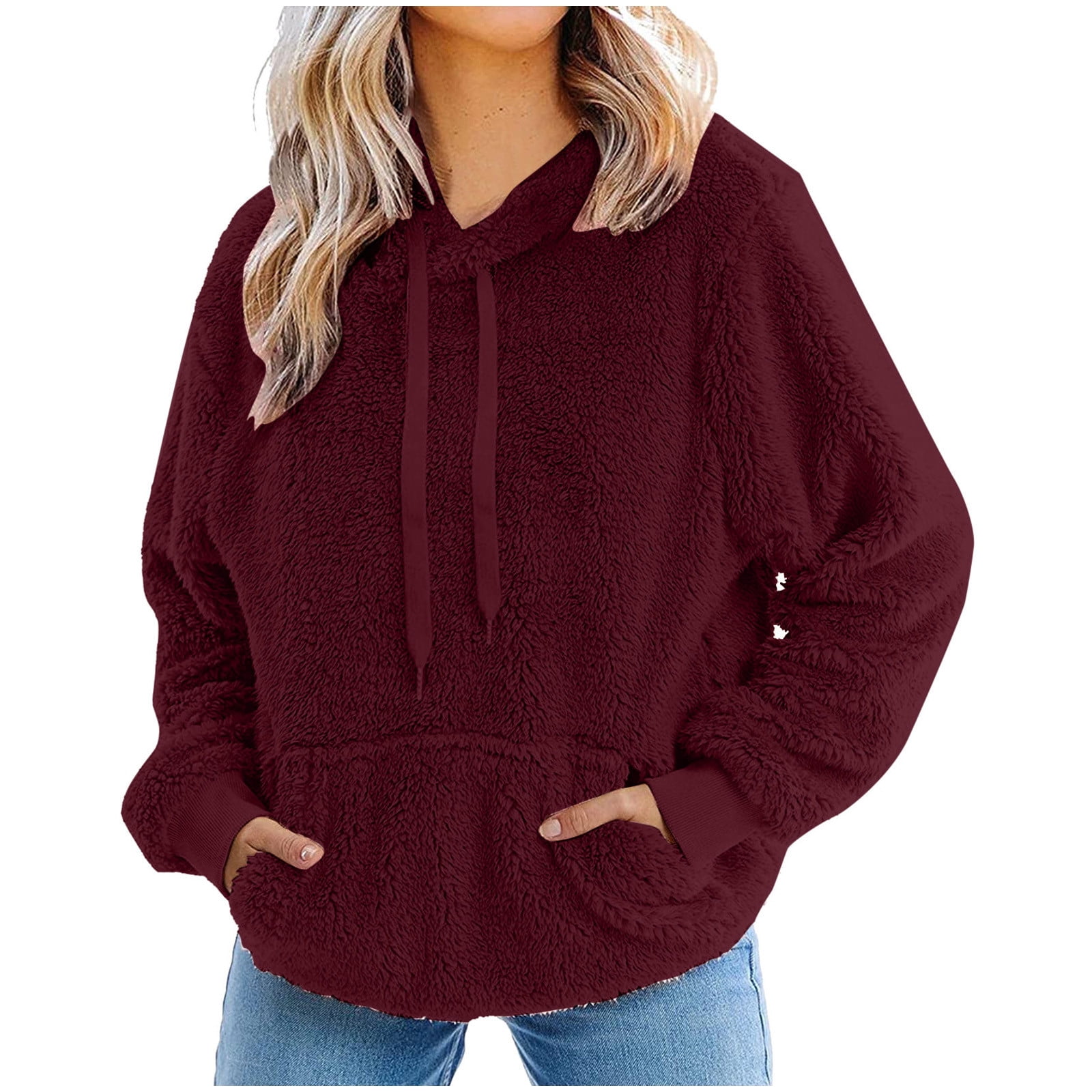 Women Shaggy Fuzzy Hoodie with Pocket Drawstring Plush Sherpa Hooded ...