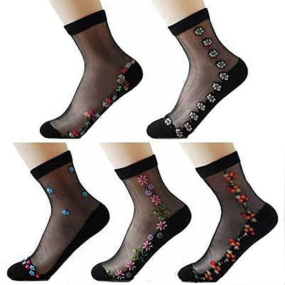 Women Sheer Transparent Lace Embroidery Panel Crystal Sparkly Socks 5 ...