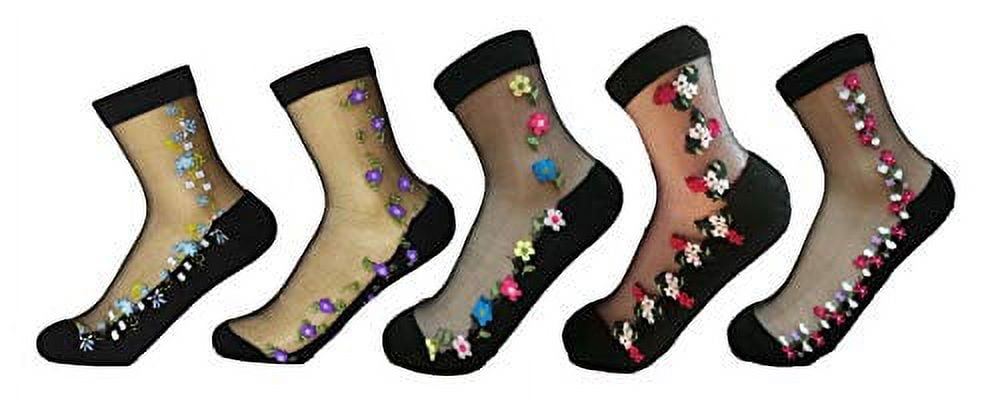 Women Sheer Transparent Lace Embroidery Panel Crystal Sparkly Socks 5 ...