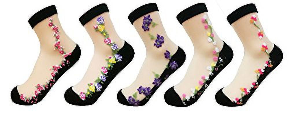 Women Sheer Transparent Lace Embroidery Panel Crystal Sparkly Socks 5 ...