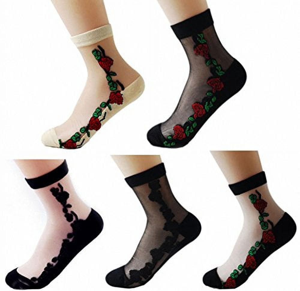Women Sheer Transparent Lace Embroidery Panel Crystal Sparkly Socks 5 ...