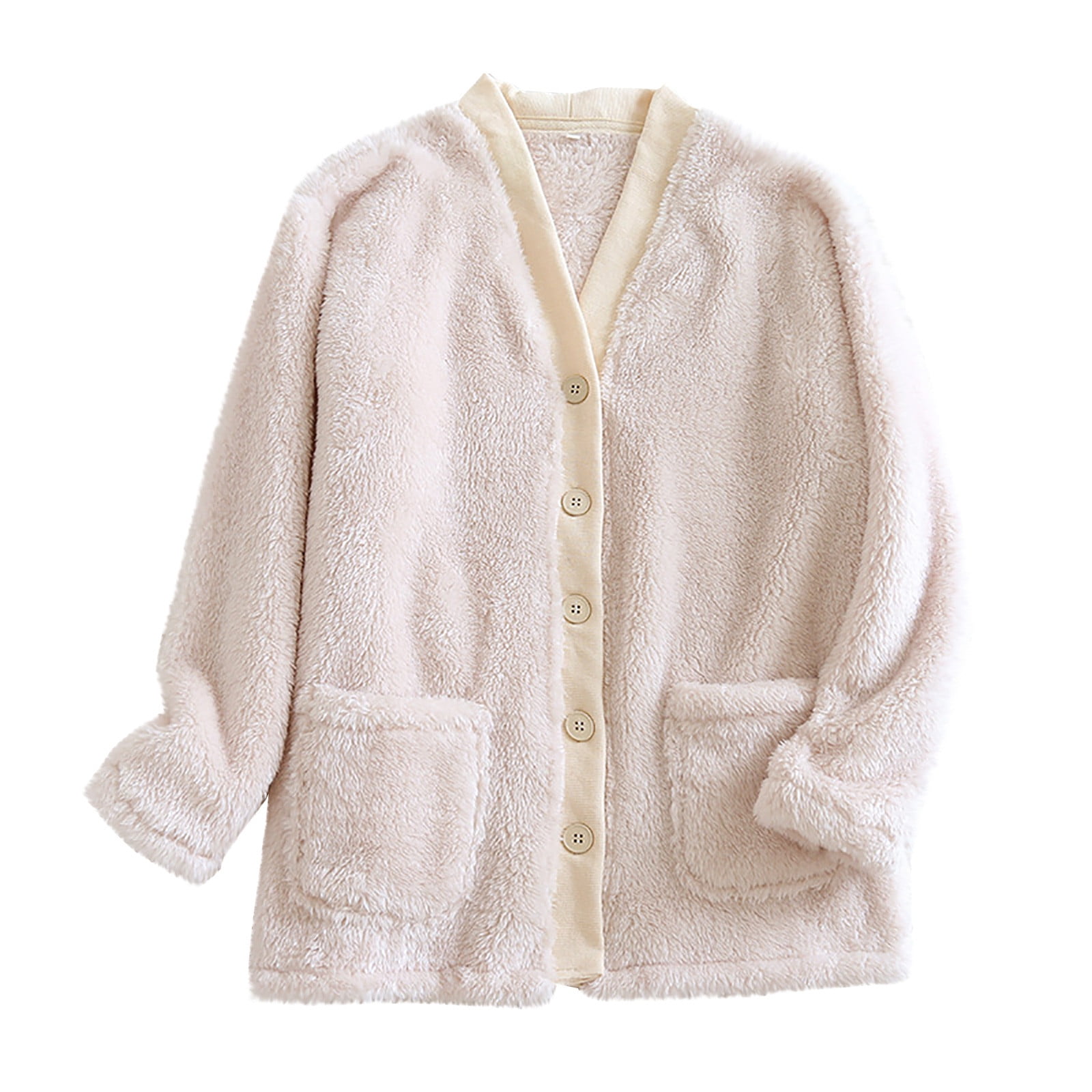 Women Sherpa Fleece Bed Jacket Casual Fuzzy V Neck Long Sleeve Button ...