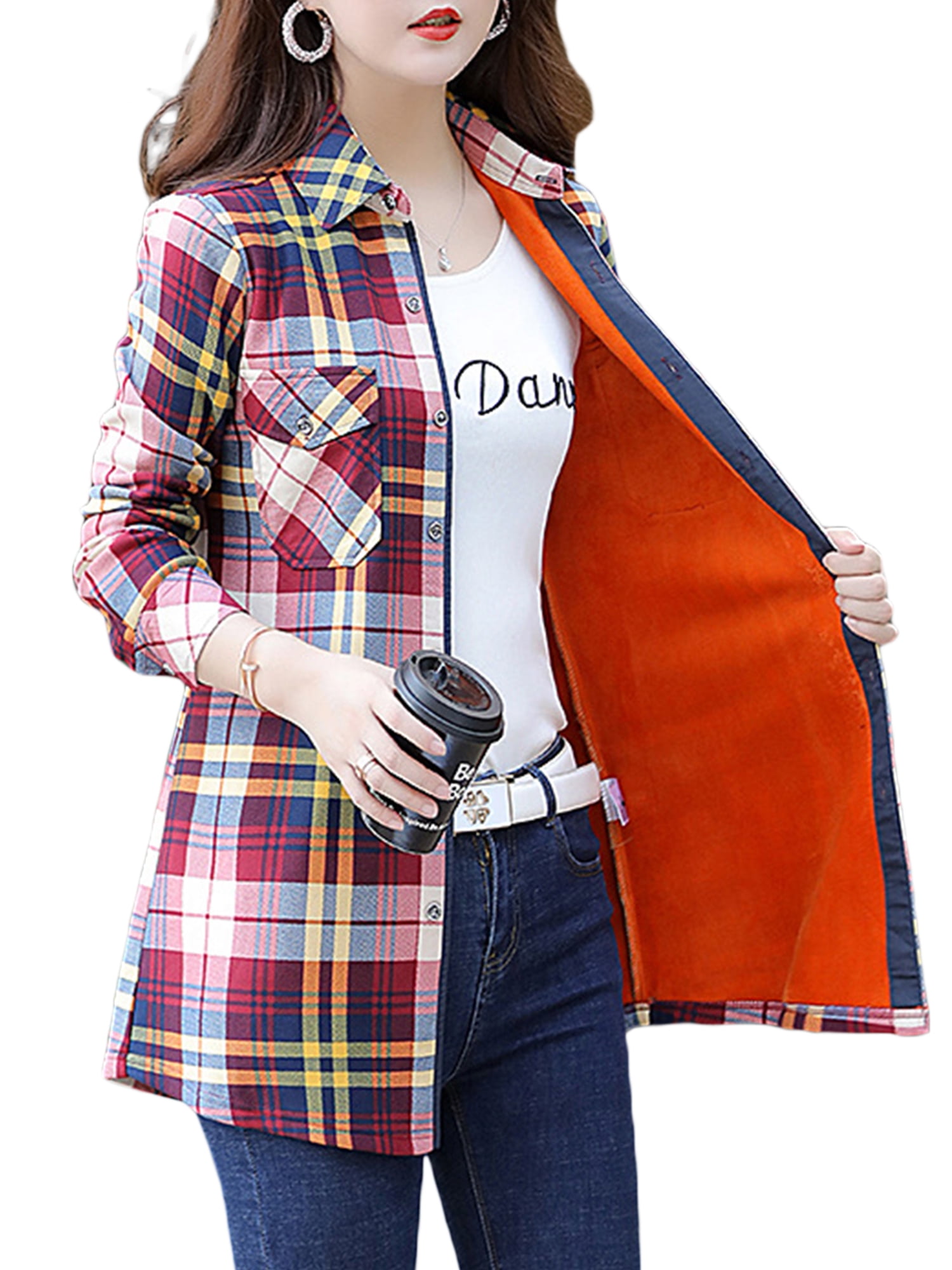 Women Sherpa Lined Fleece Jacket Shacket Shirt Long Sleeve Button-Down ...