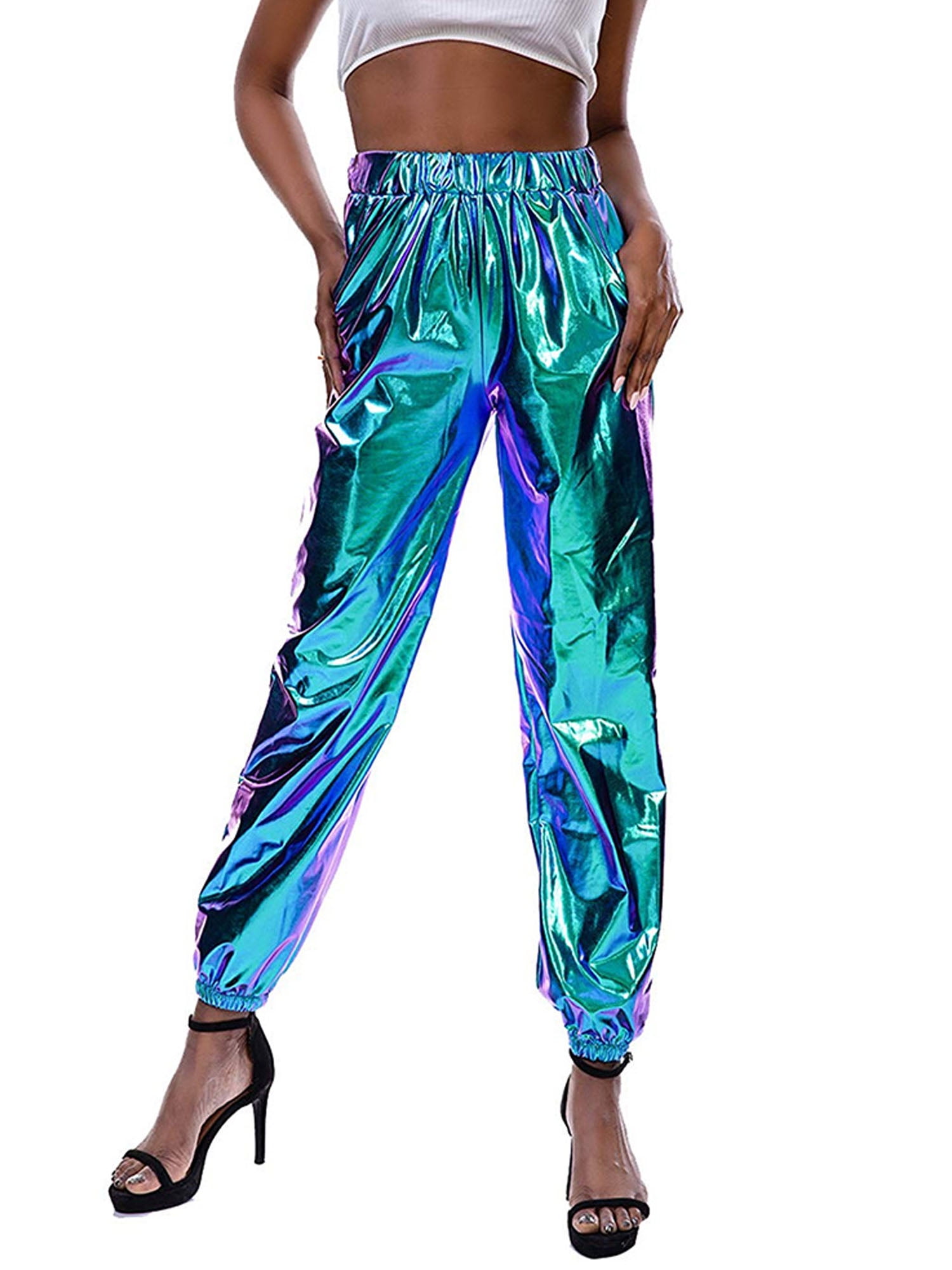 Women Shiny Metallic Pants Street Dance Party Cargo Pant High Waist ...