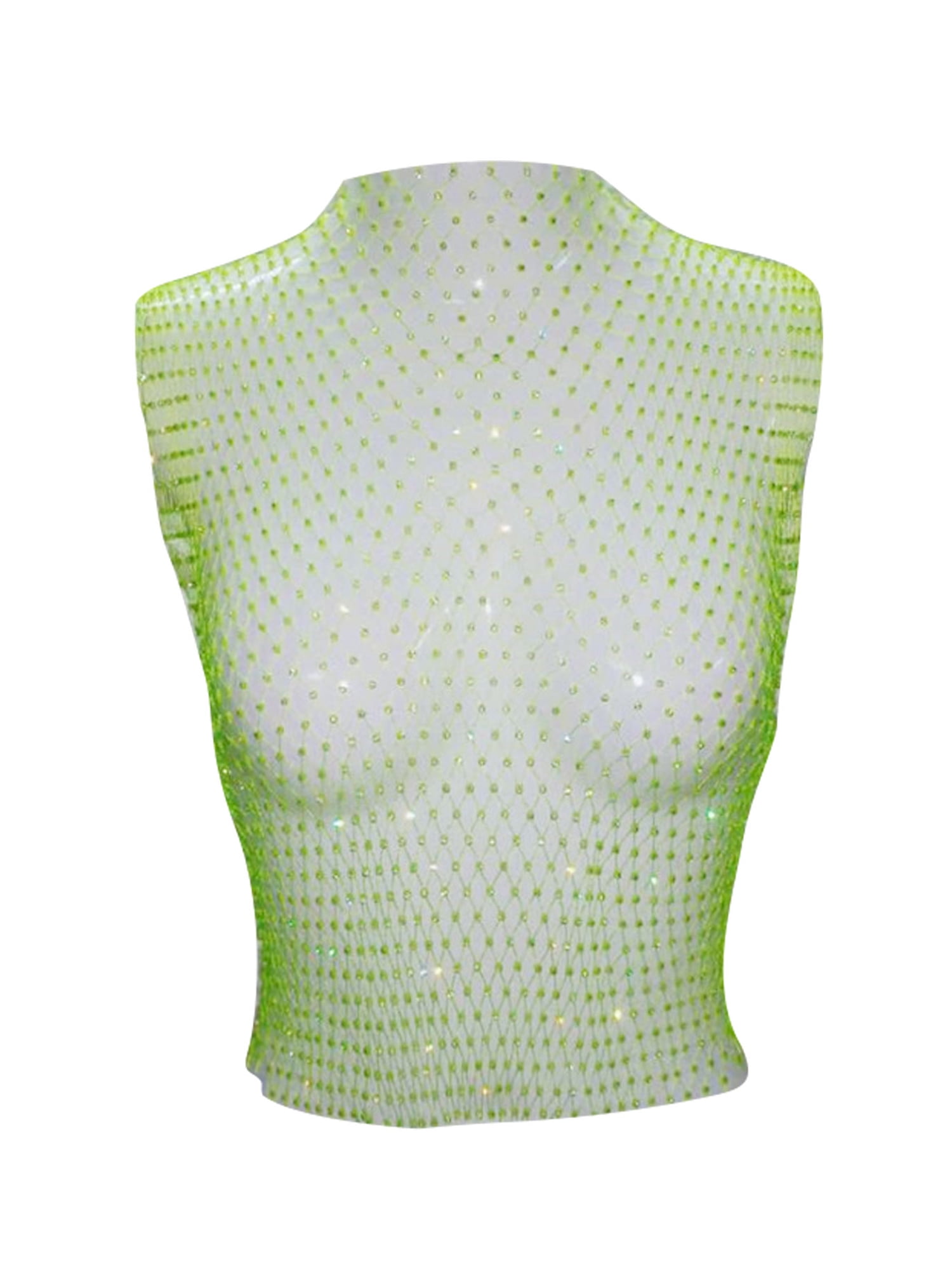 Women Shiny Rhinestone Sheer Mesh Hollow Out Crop Top See Through ...