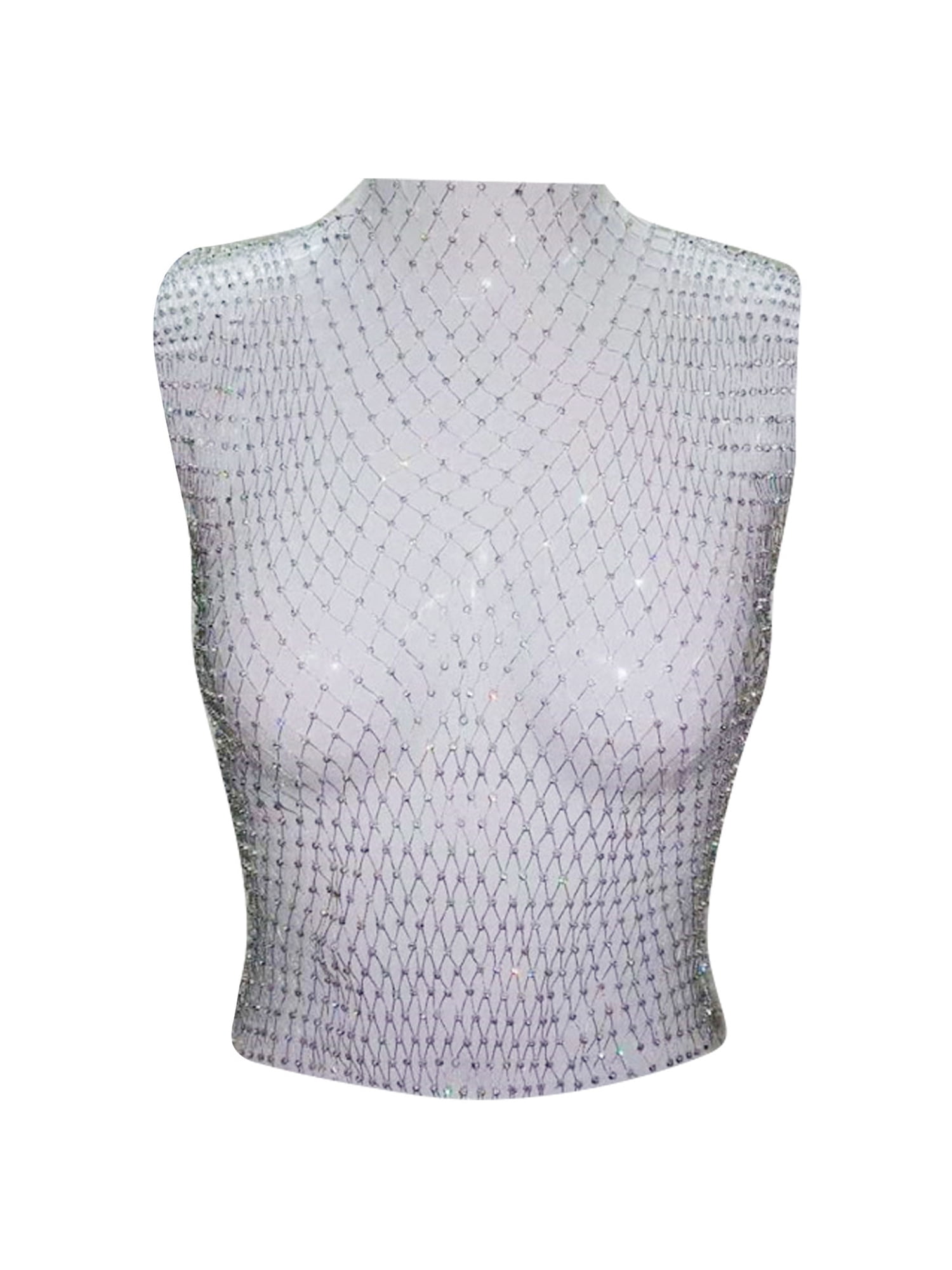 Women Shiny Rhinestone Sheer Mesh Hollow Out Crop Top See Through ...