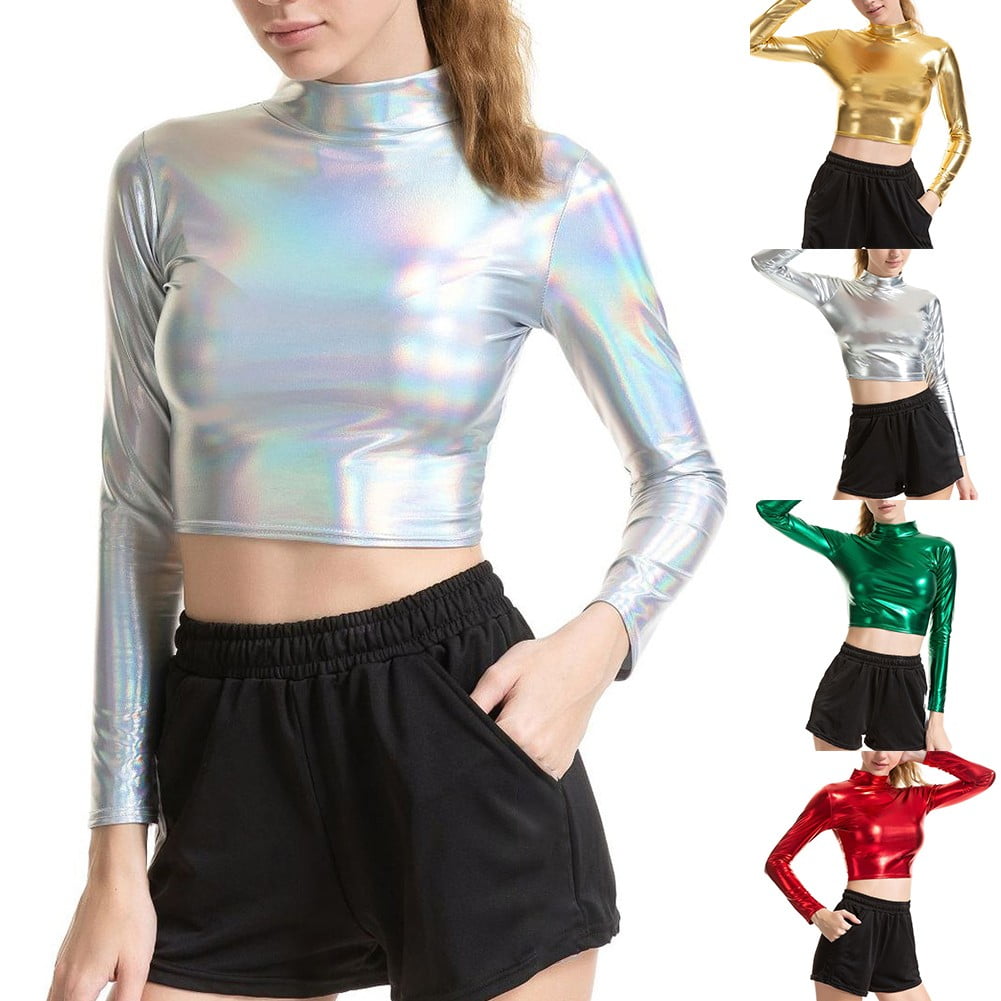 Women Shiny Wetlook Mock Neck Long Sleeve Crop Top Dance Clubwear Red ...