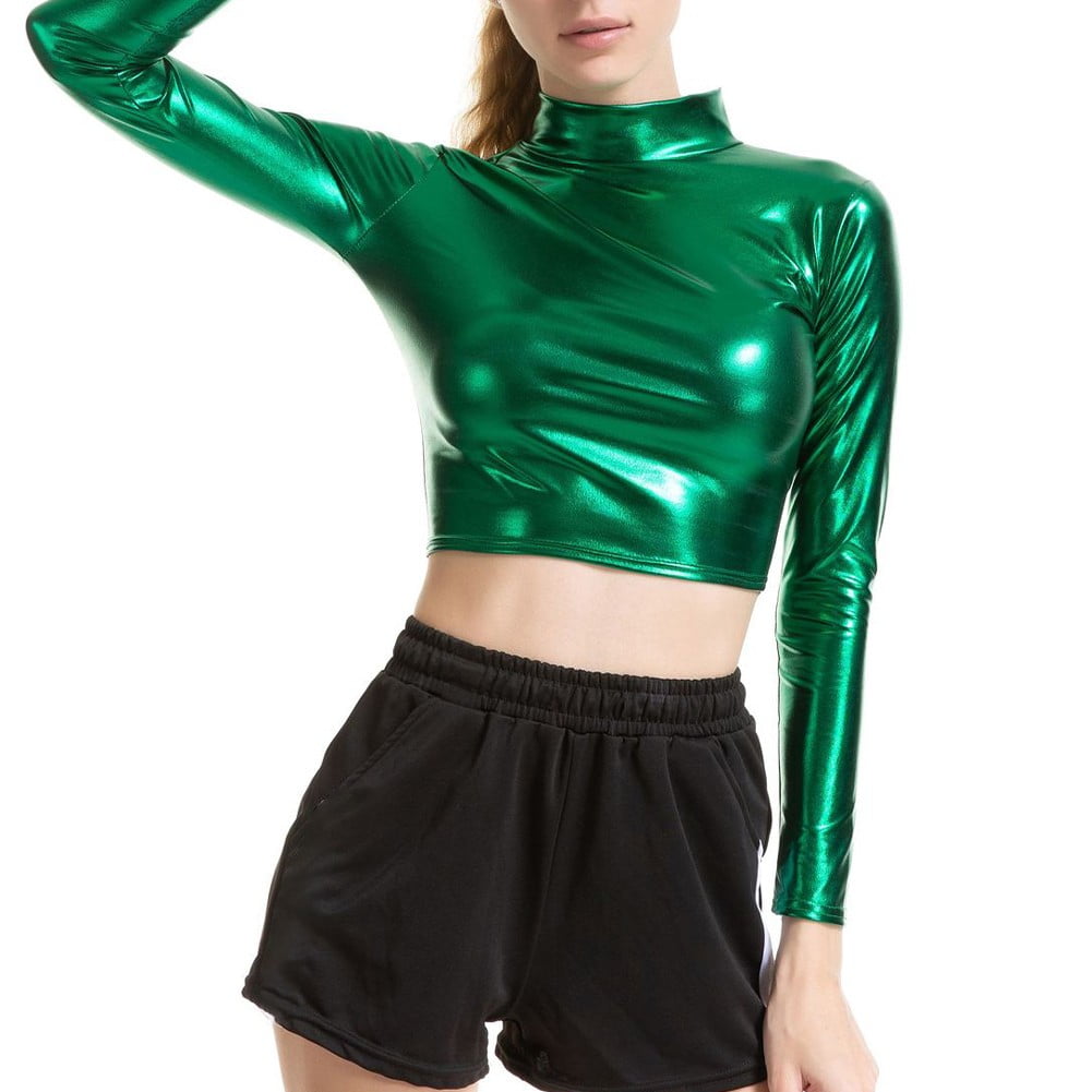 Women Shiny Wetlook Mock Neck Long Sleeve Crop Top Dance Clubwear ...