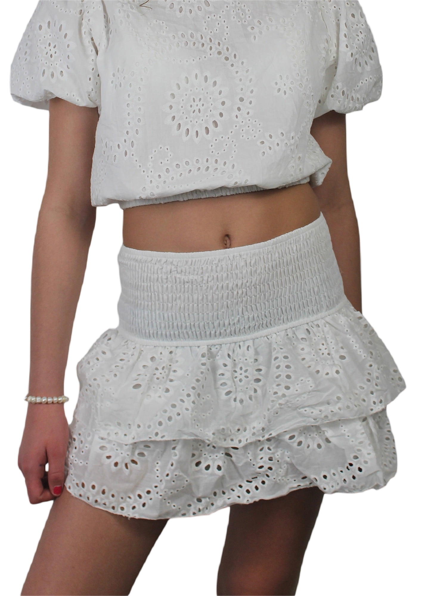 Women Shirred High Waist Ruffle Mini Skirt Eyelet Embroidery Smocked High Rise Layered A Line ...