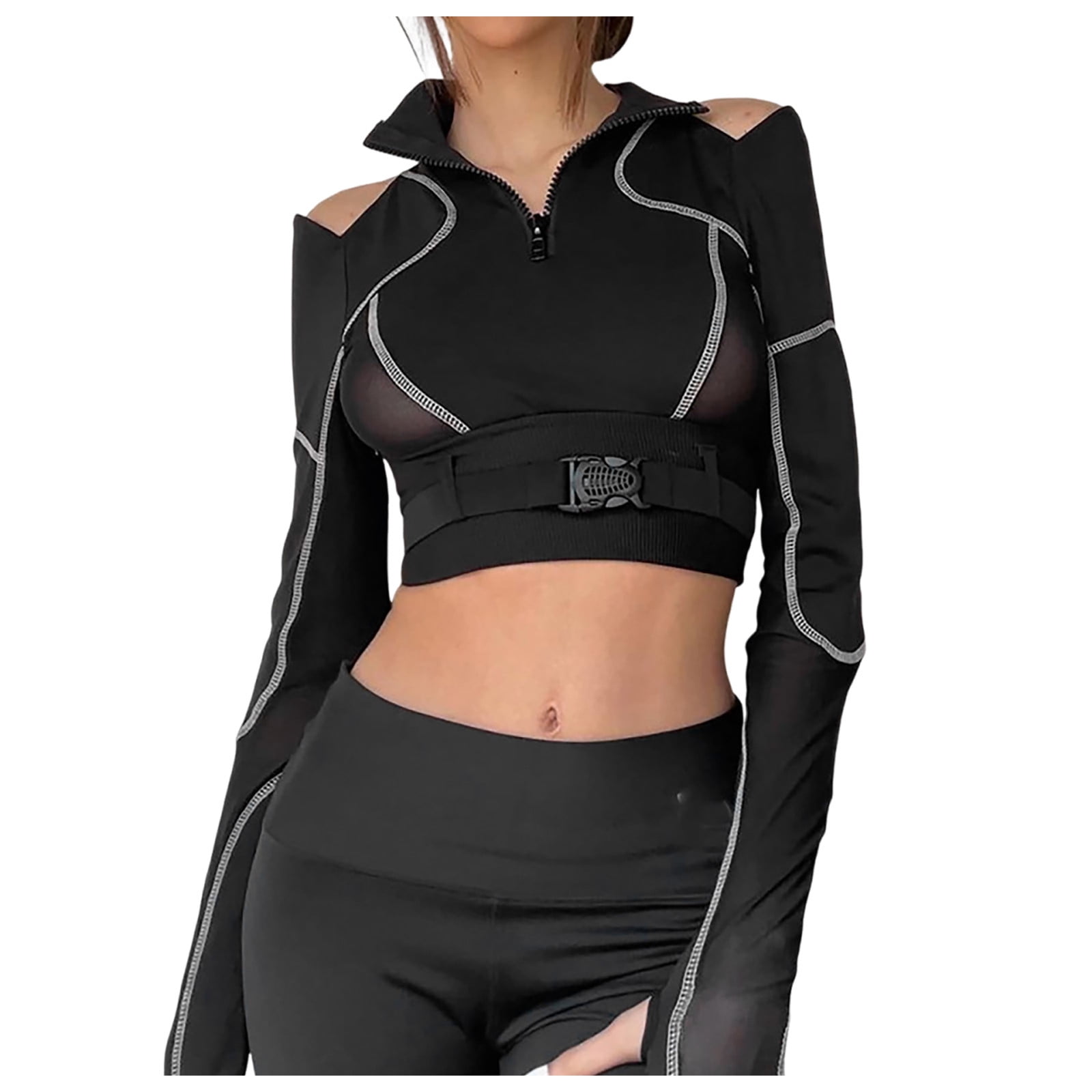 Women Shirts Asymmetrical Crop Tops Punk Black Clothes - Walmart.com