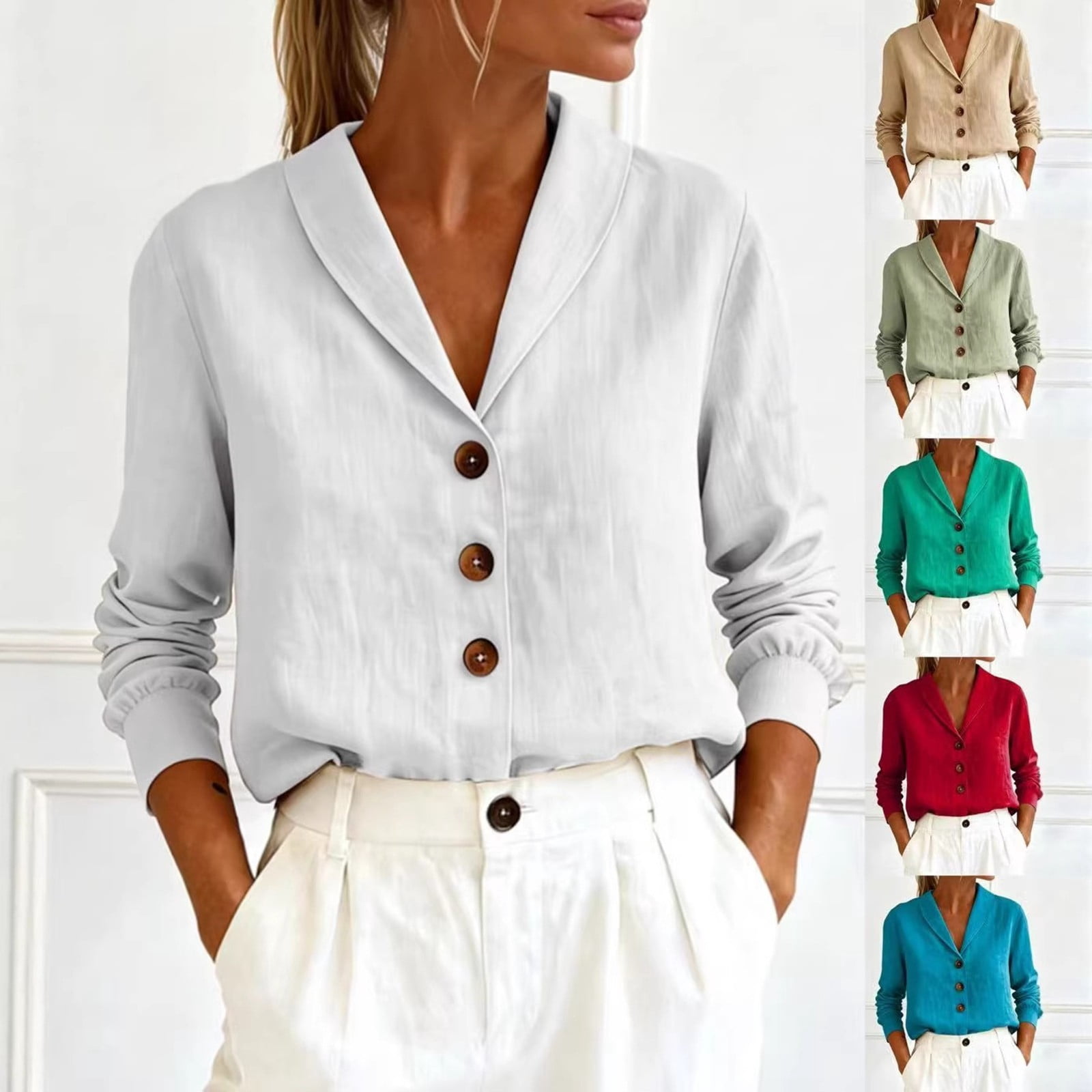 Women Shirts Solid Color Long Sleeve Button Down Lapel Collared Summer ...