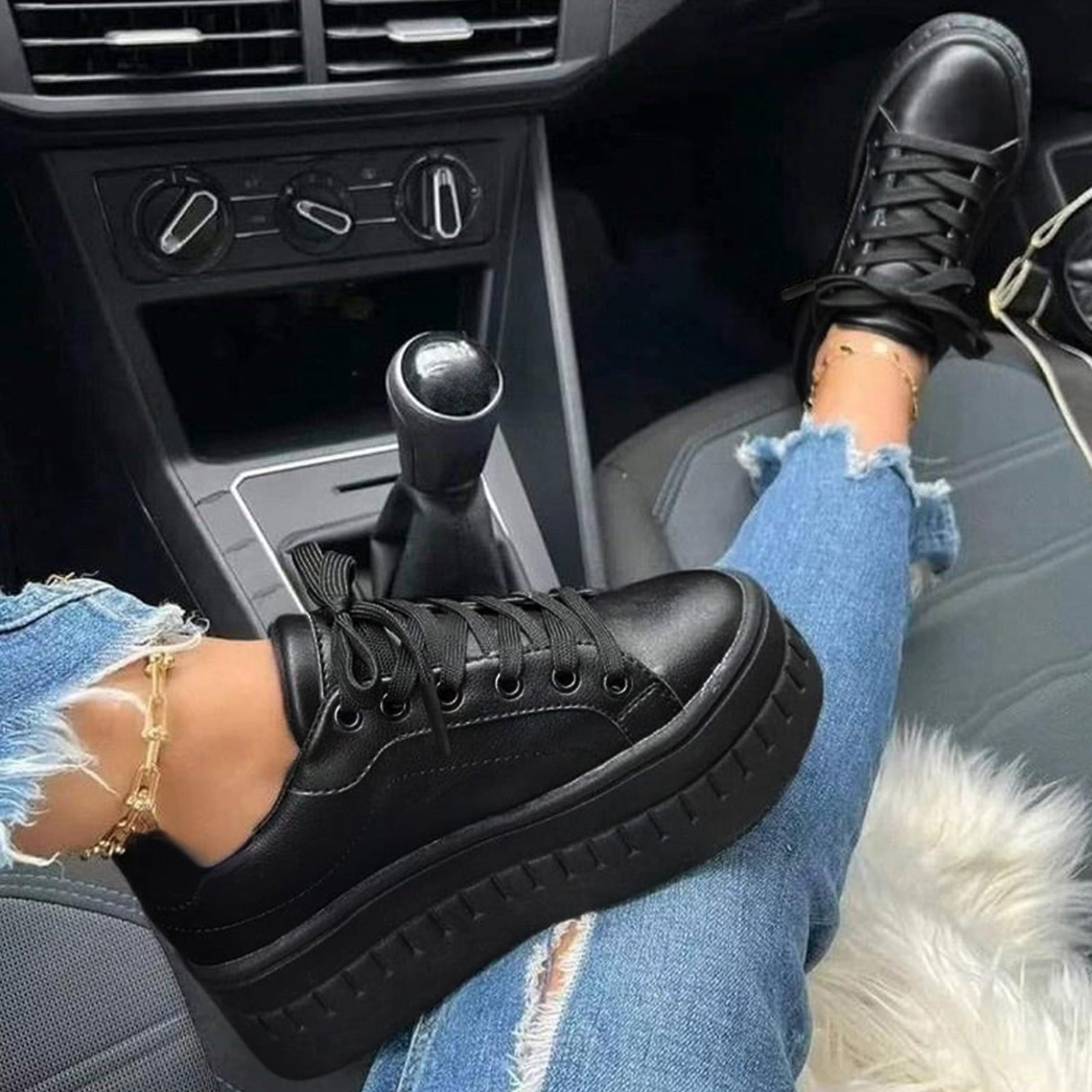 Women's Black Leather Lace-Up Platform Casual Shoes, Round Toe, Size 6. ...