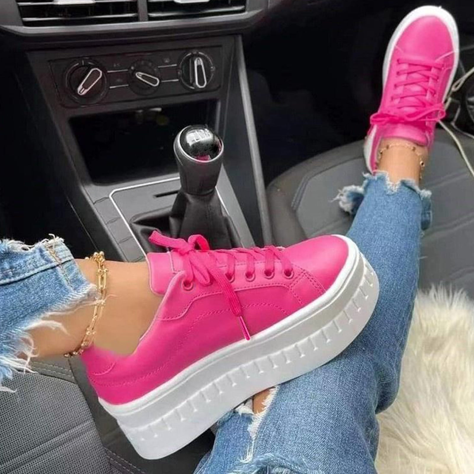 Women Shoes Fashion Solid Color Leather Round Toe Lace Up Platform Casual Shoes Hot Pink 7.5 ...