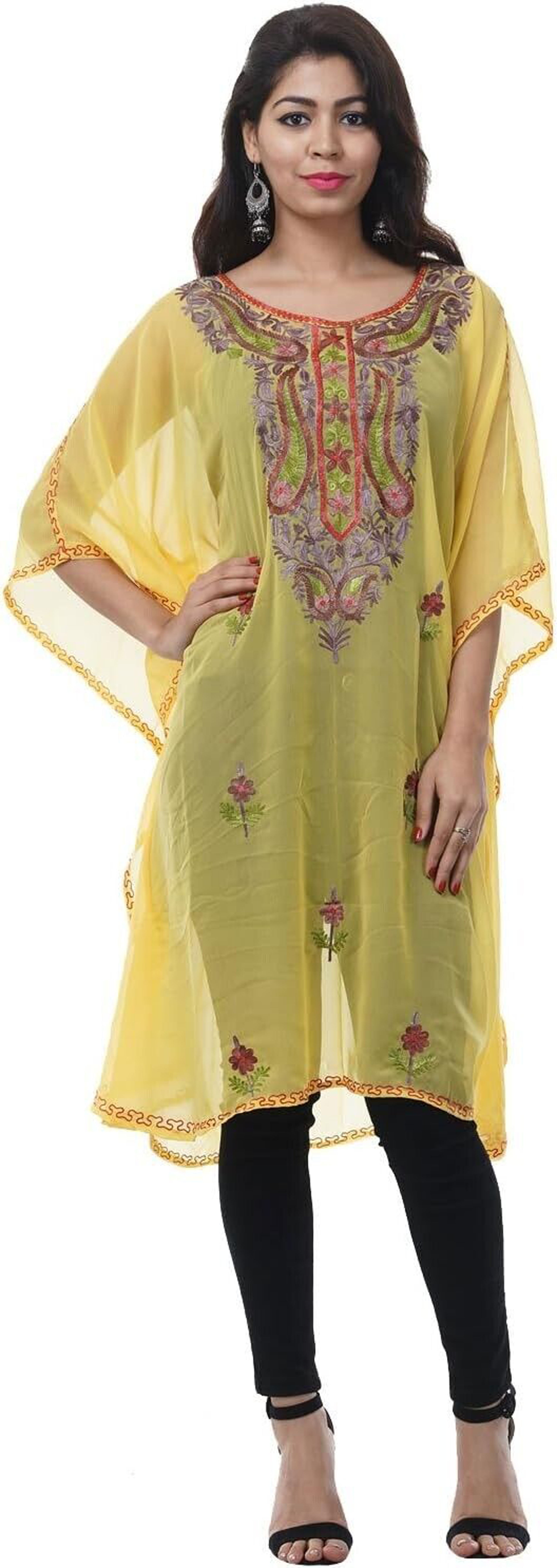 Women Short Kaftans, Yellow Georgette Boho Caftan Resort wear L-39 ...