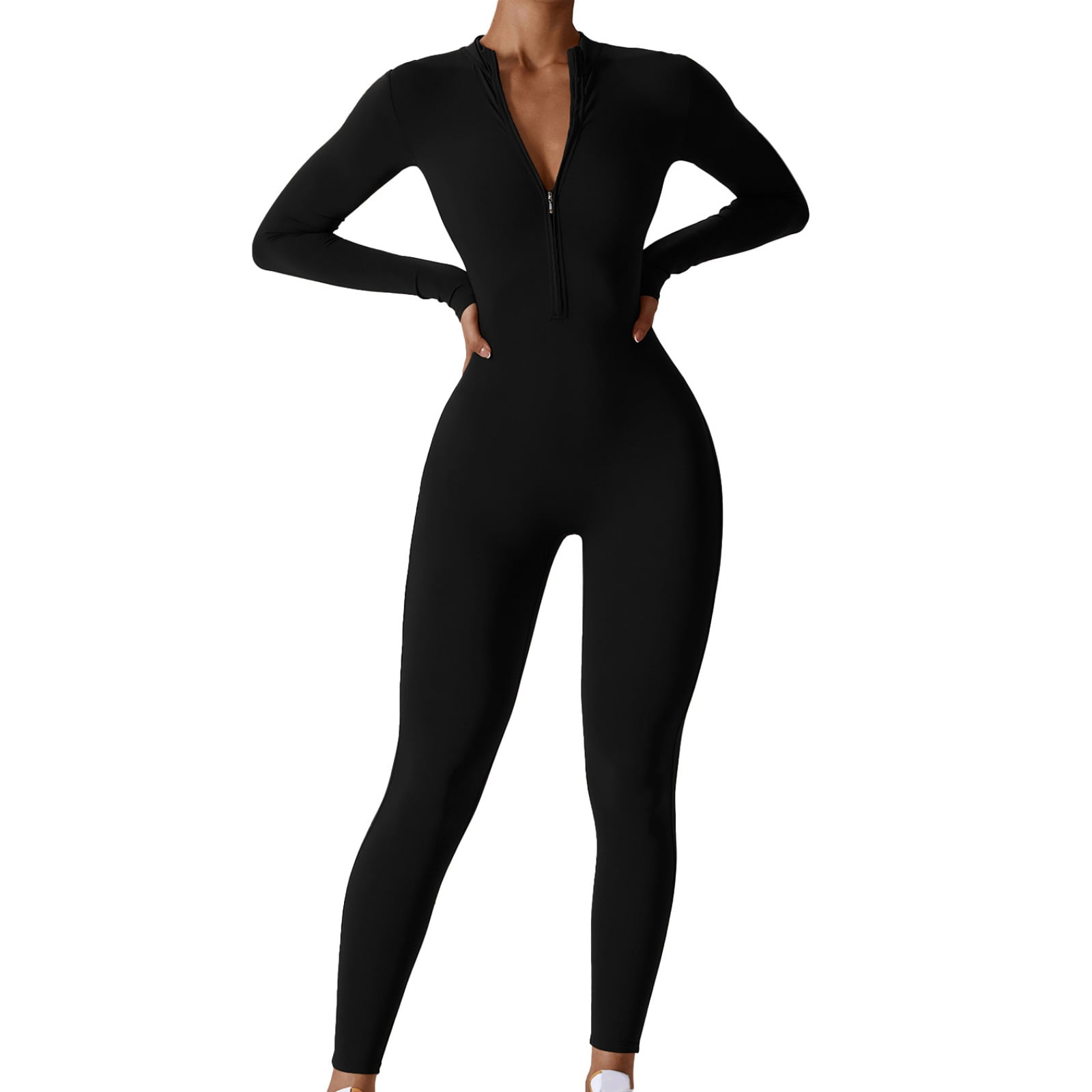 Women Short/Long Sleeve Workout Jumpsuit Zip Up Romper Bottom Pants ...