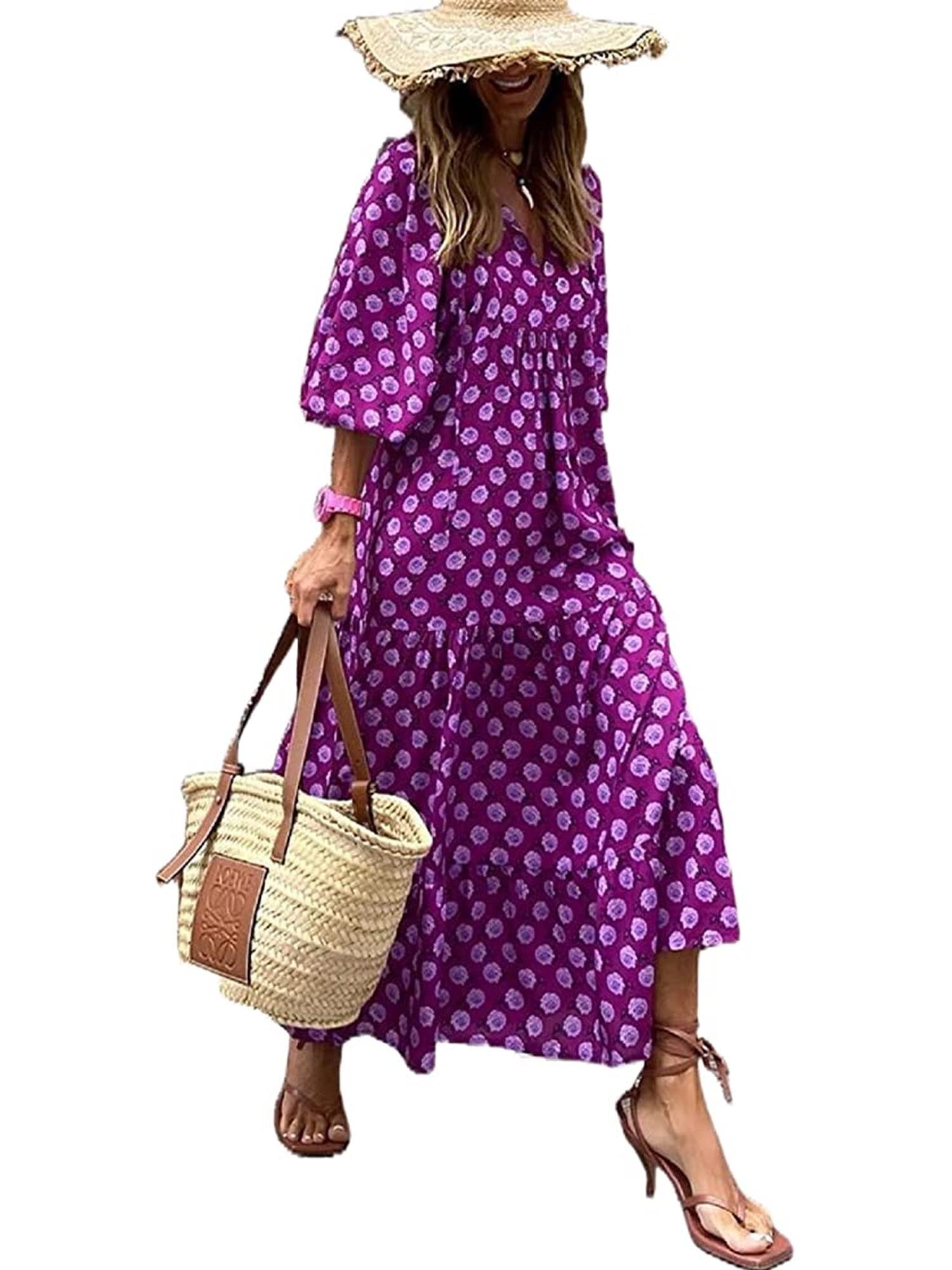 Spring Casual Women's Cute Sun Long Dress - Short Puff Sleeve V Neck ...