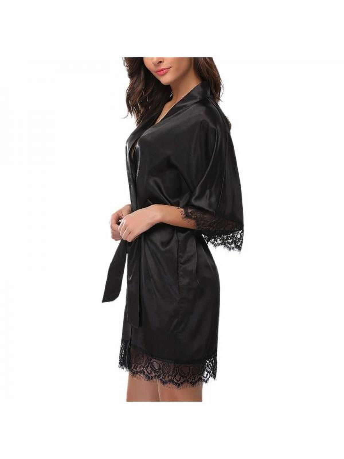 Women Short Satin Robe with Lace Trim Sleeves Sleepwear Nightdress Plus ...