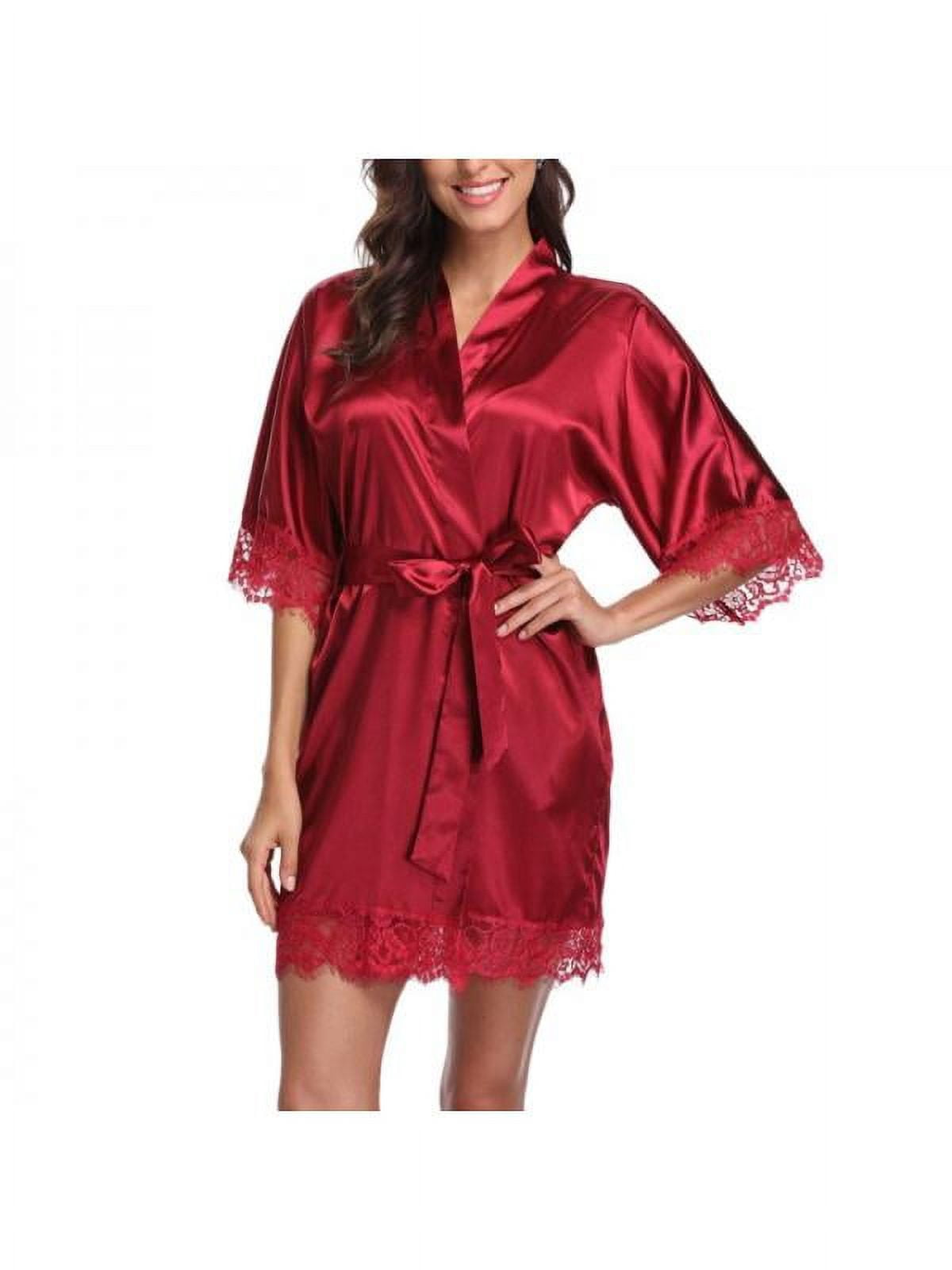 Women Short Satin Robe with Lace Trim Sleeves Sleepwear Nightdress Plus ...