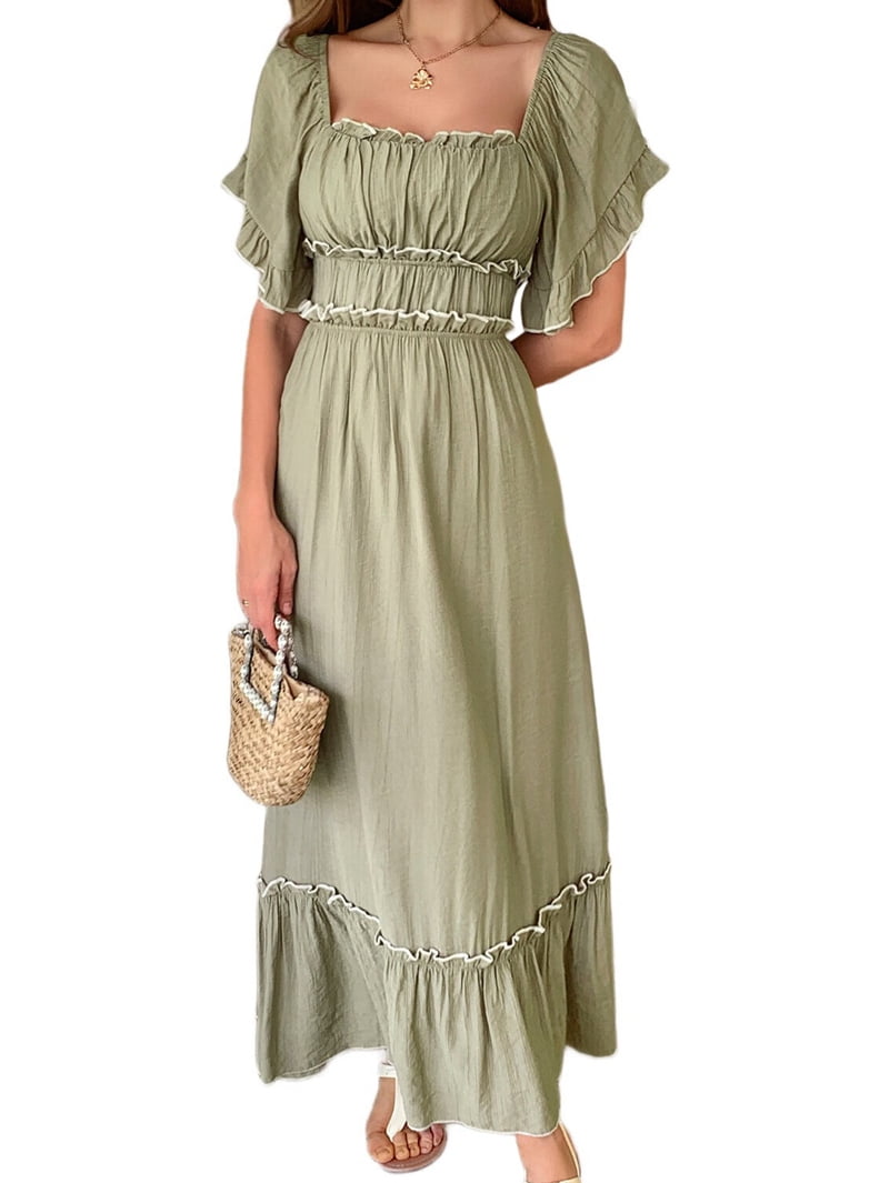 Women Short Sleeve Midi Dress Square Neck Contrast Color Casual Rick ...