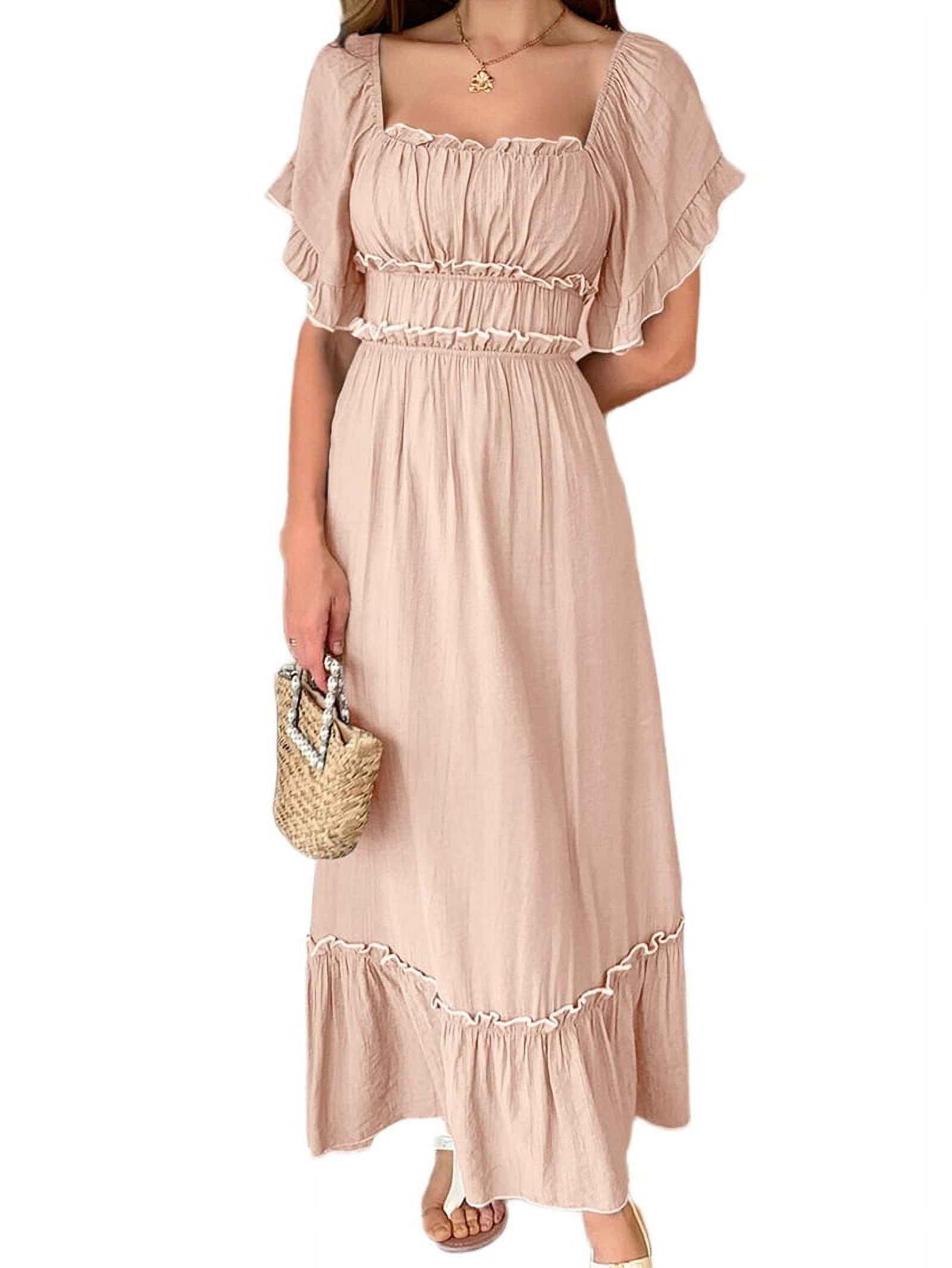 Women Short Sleeve Midi Dress Square Neck Contrast Color Casual Rick ...