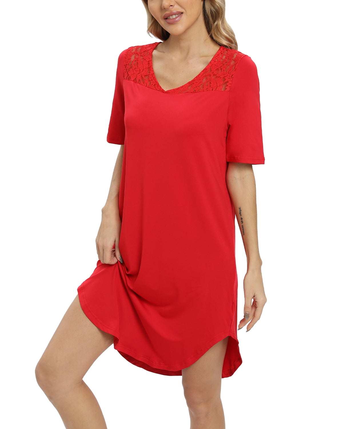 Women Short Sleeve Nightgowns Lace Trim Nightdress V Neck Pajama Night ...