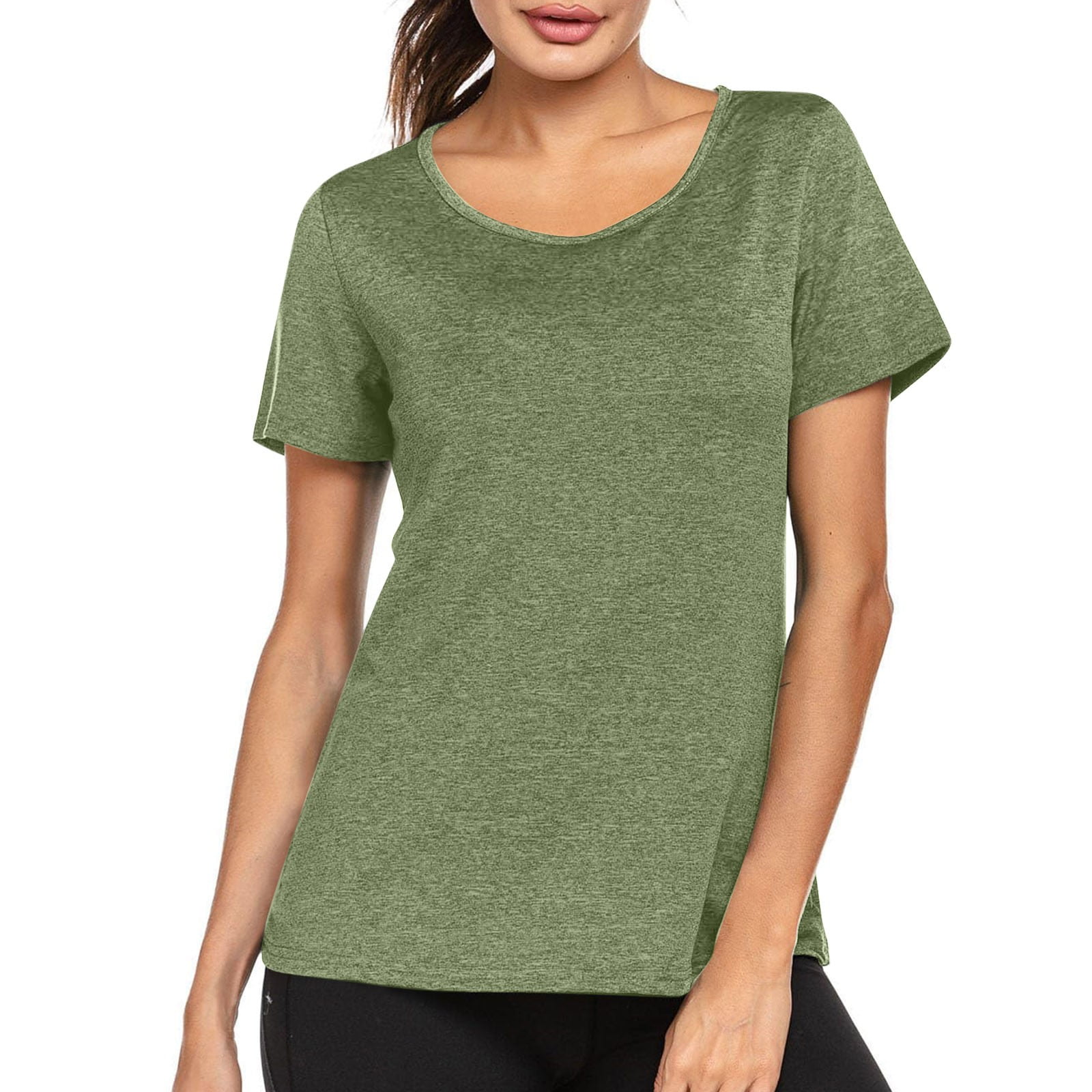 Women Short Sleeve Round Neck Criss Cross Back Yoga Shirt Wicking ...