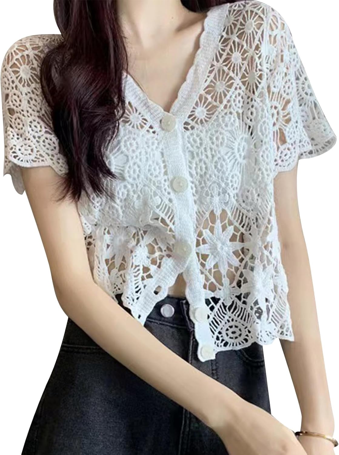 Women Short Sleeve Shrugs Lace Cardigan Button Down Crochet Shrug ...