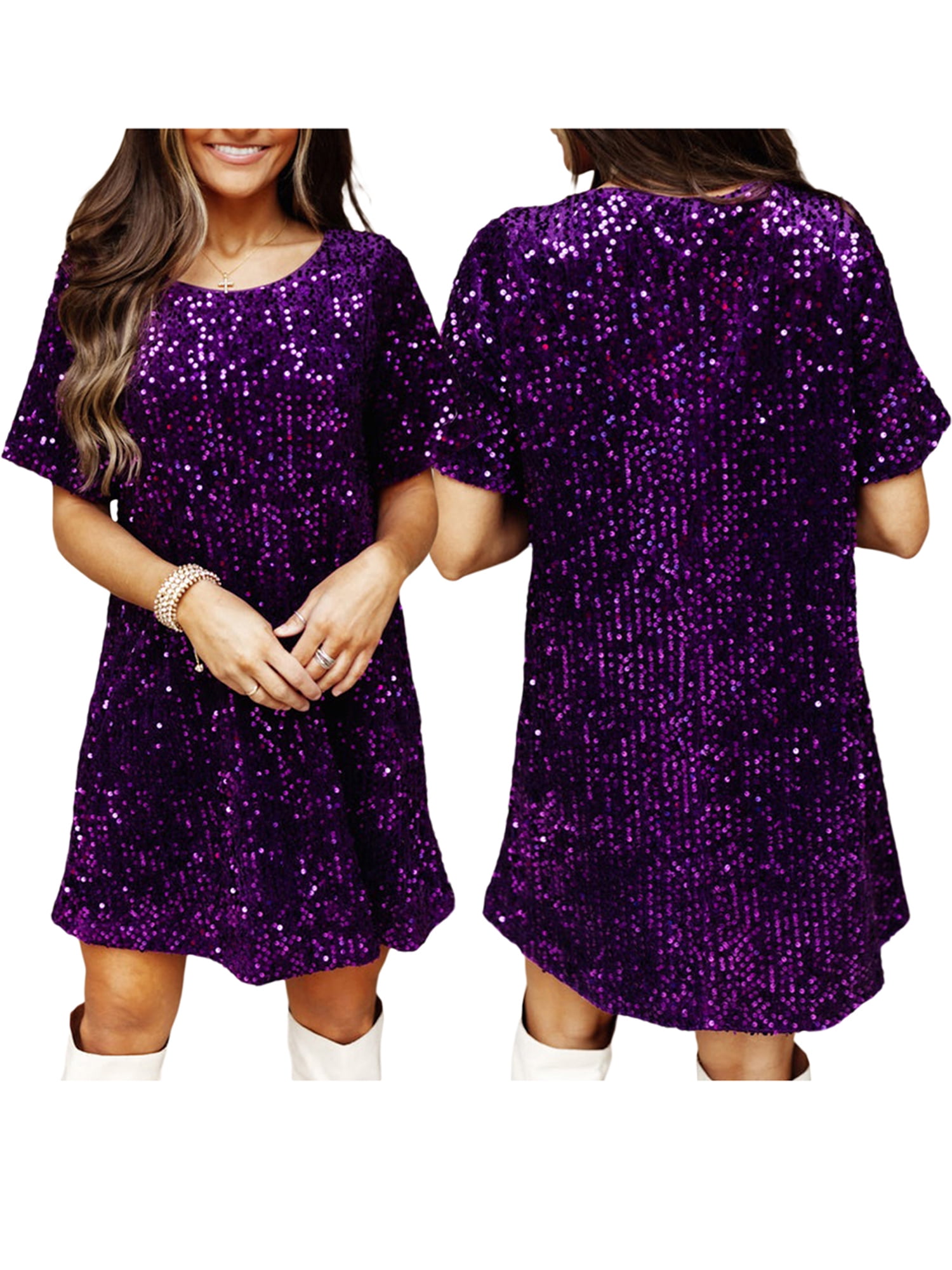 Women Short Sleeve Sparkle Sequin Mini Dresses Loose Sparkly Tunic T ...