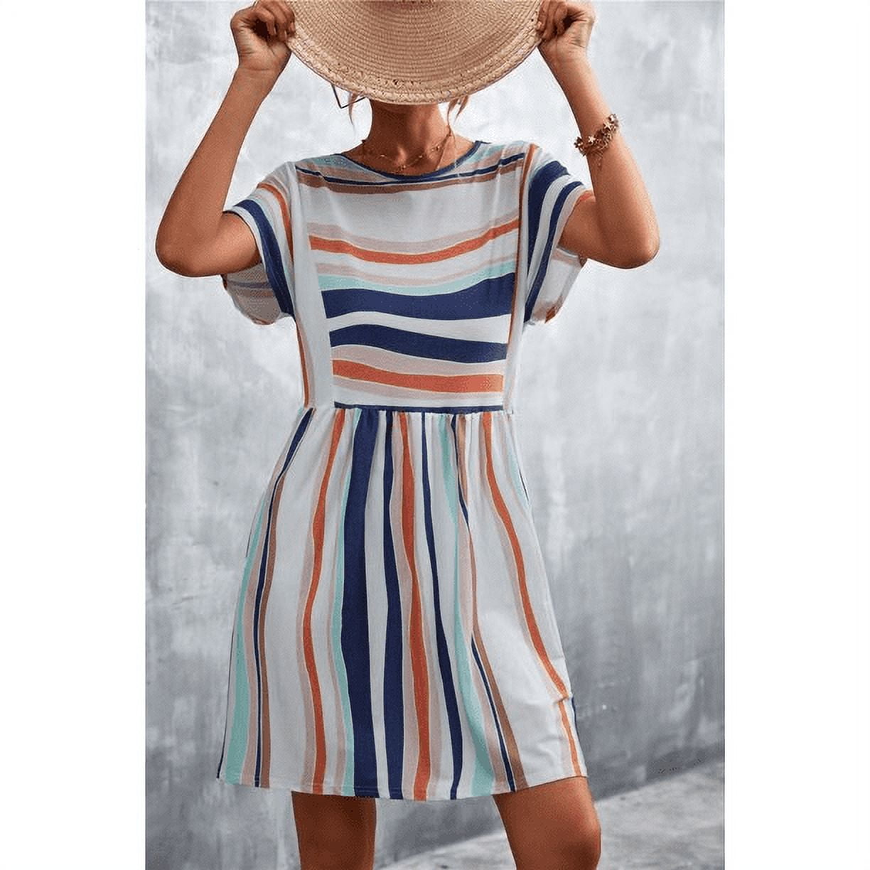 Women Short Sleeve Tunic Dress Casual Striped Crew Neck Dresses Summer ...