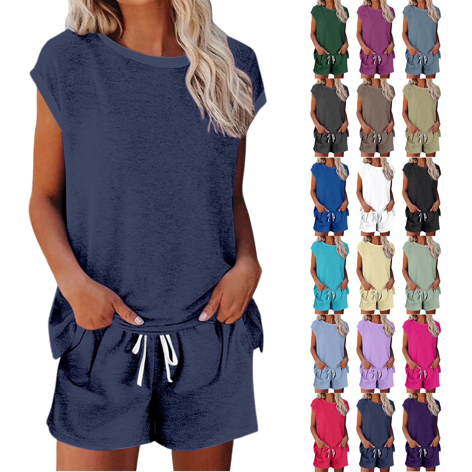 Women Shorts Sets Outfits Daily Wear Short Sleeve Loose Fit Solid ...