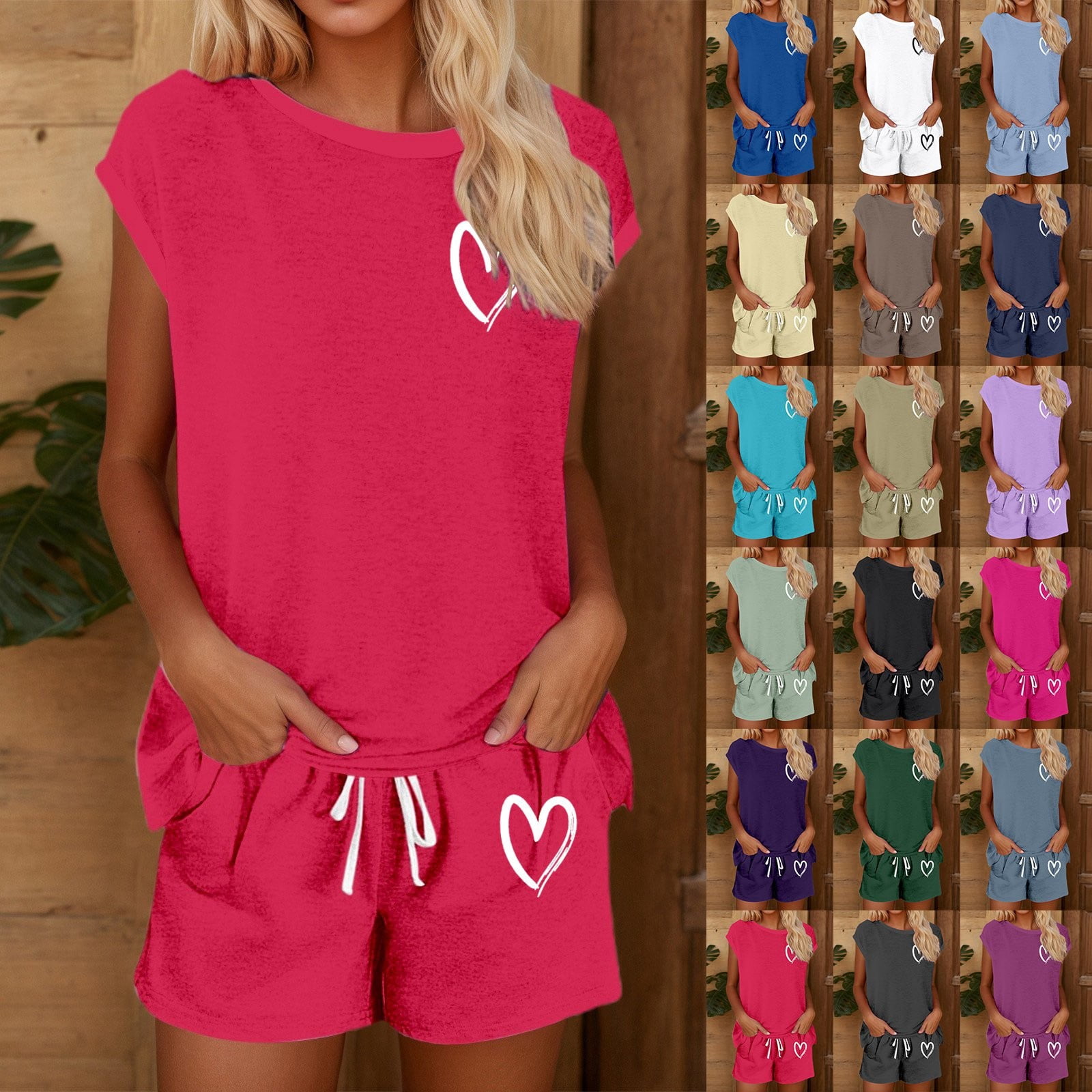 Women Shorts Sets Outfits Daily Wear Stylish Short Sleeve Love Print ...