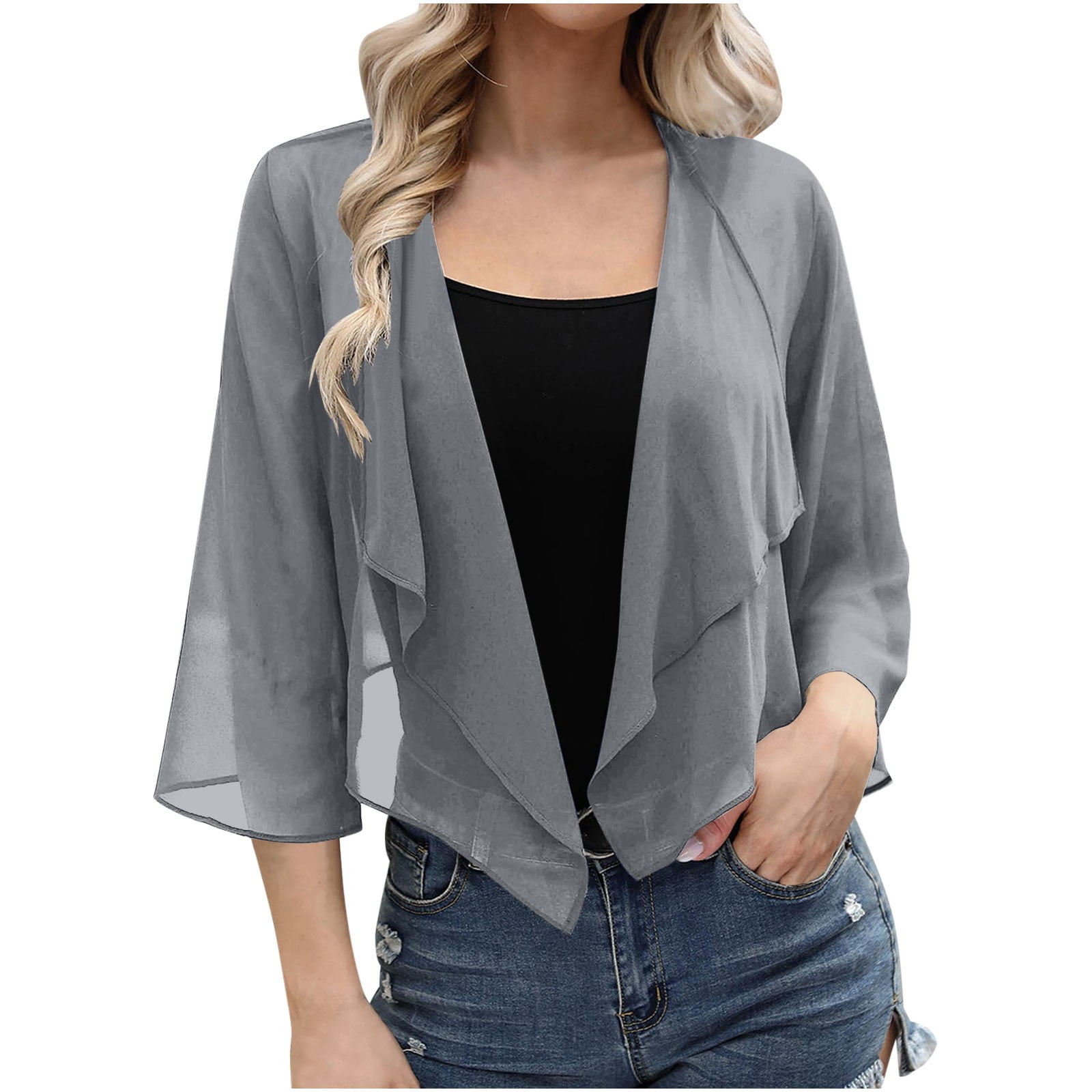 Women Shrug Chiffon Cardigans Coat Lightweight Spring Open Front 3/4 ...