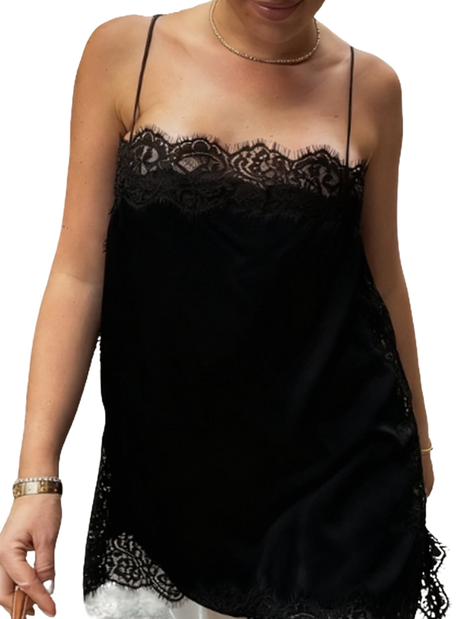 Women Silk Lace Trim Cami Tops Y2k Spaghetti Strap Lace Tank Tops Stain ...