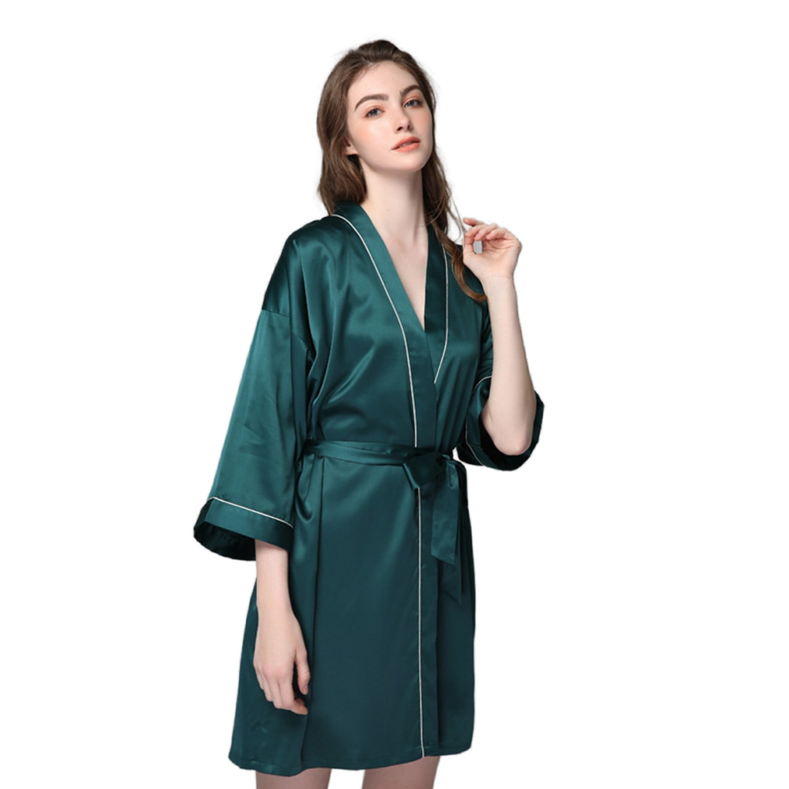 Women Silk Robes Long Sleeve Gowns Ice Silk Kimono Bathrobes Wedding ...